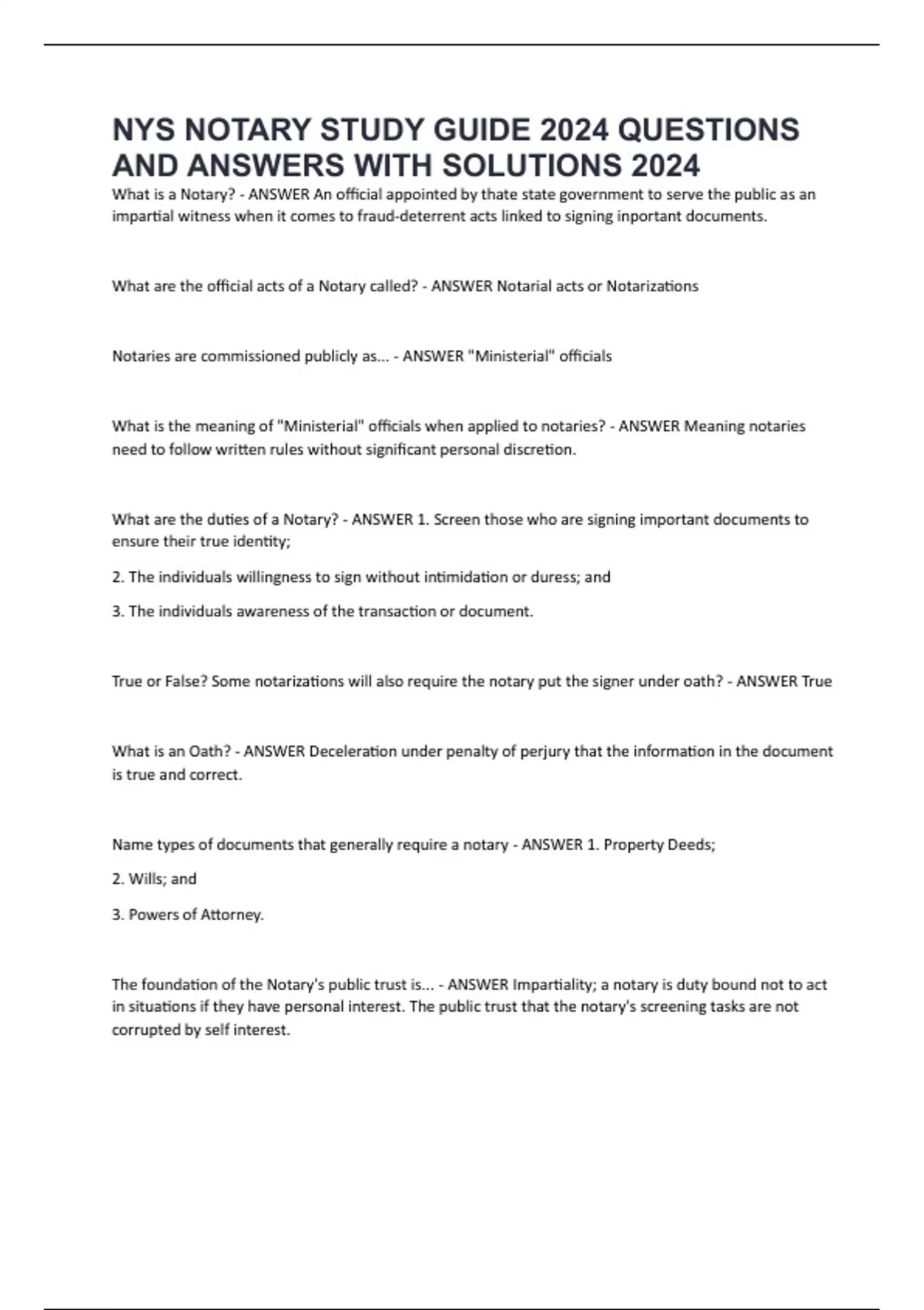 NYS NOTARY STUDY GUIDE 2024 QUESTIONS AND ANSWERS WITH SOLUTIONS 2024 ...