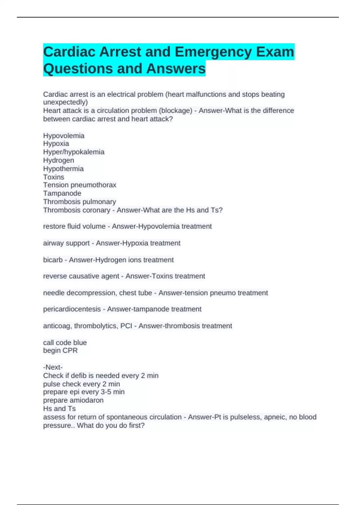 Cardiac Arrest and Emergency Exam Questions and Answers - Cardiac ...