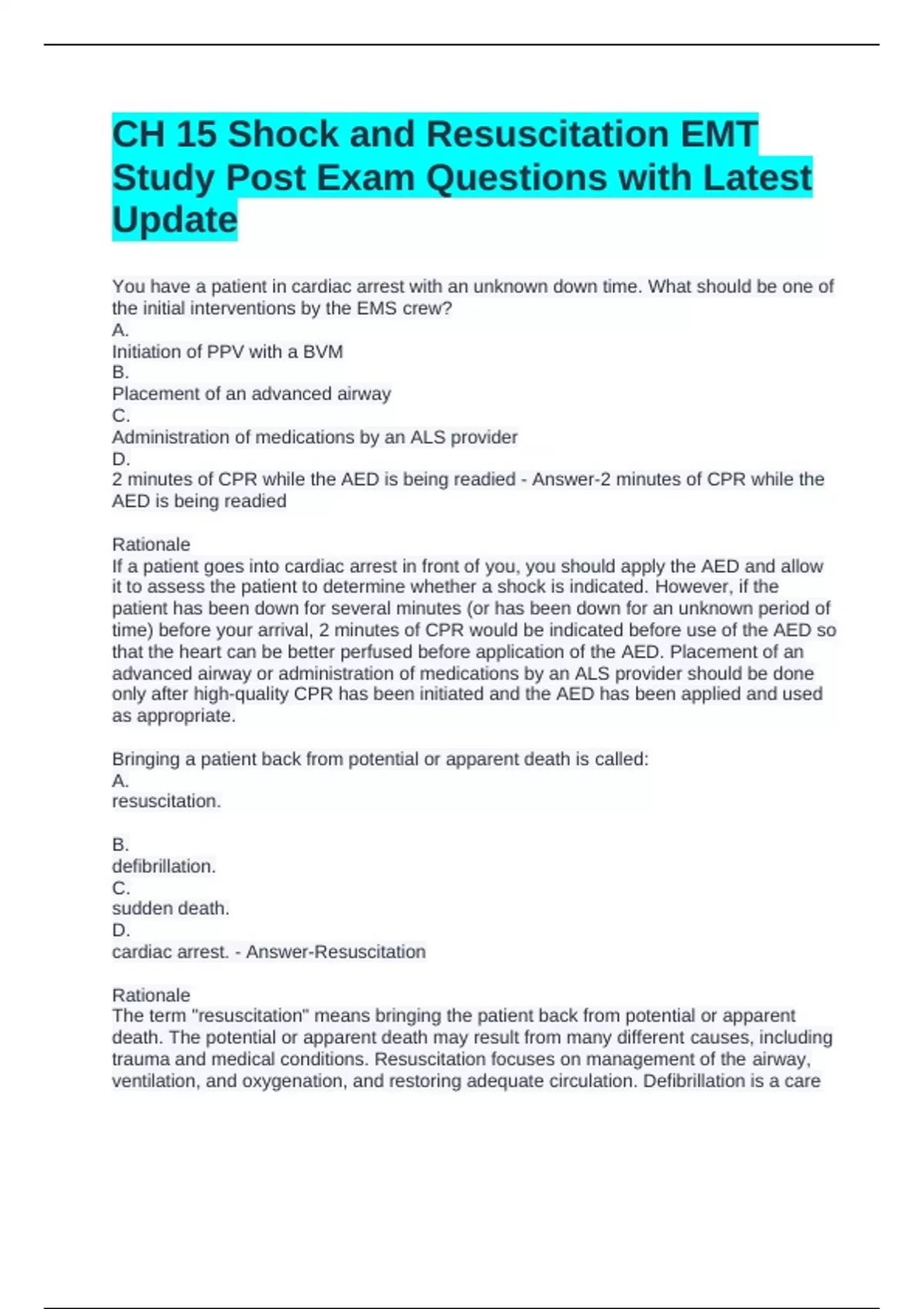 CH 15 Shock and Resuscitation EMT Study Post Exam Questions with Latest ...