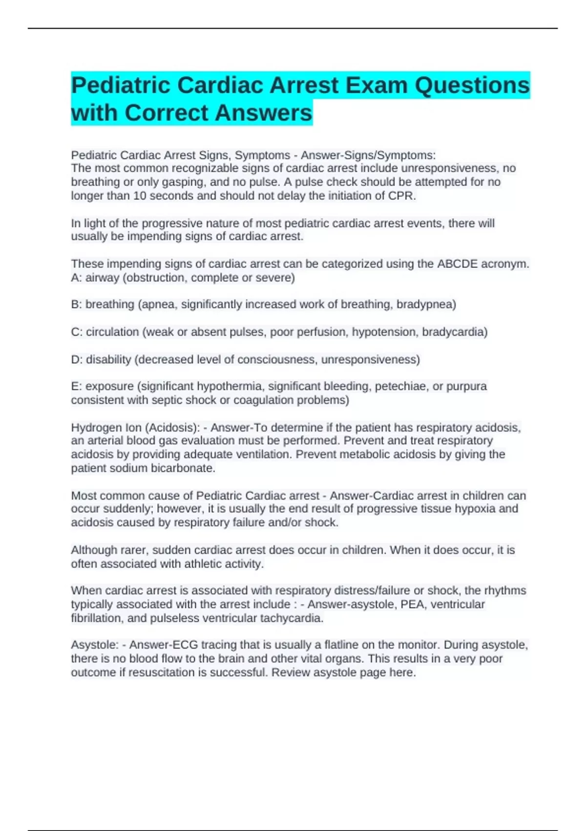 Pediatric Cardiac Arrest Exam Questions with Correct Answers - Cardiac ...