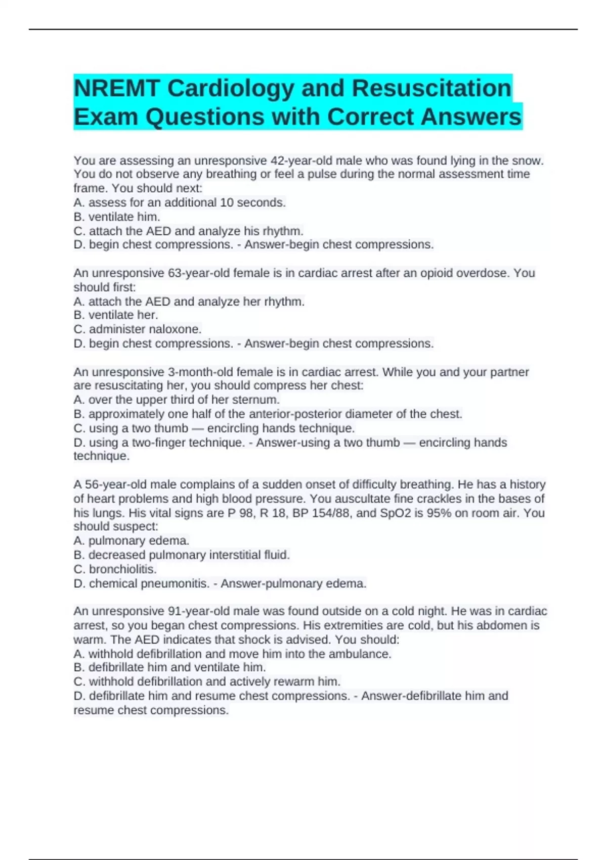 NREMT Cardiology and Resuscitation Exam Questions with Correct Answers ...
