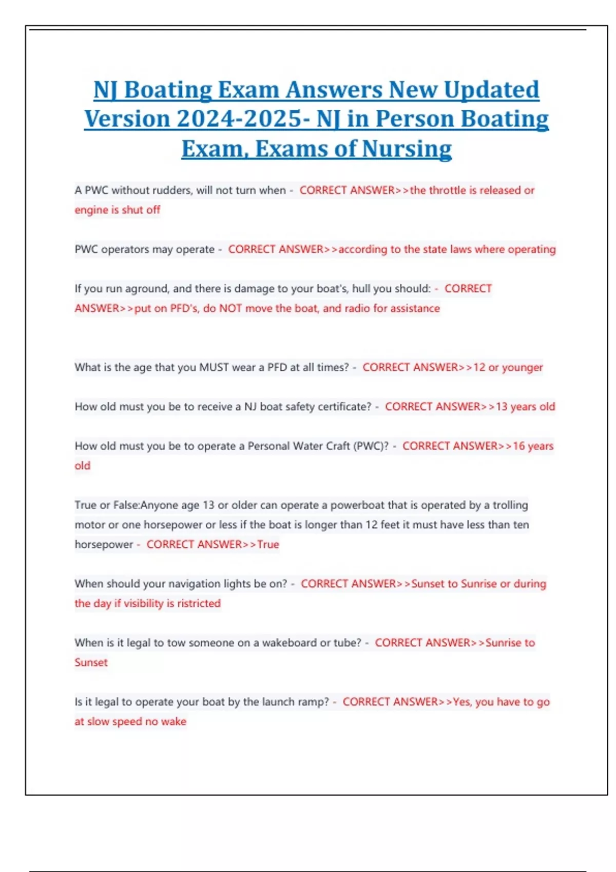 NJ Boating Exam Answers New Updated Version - NJ in Person Boating Exam ...