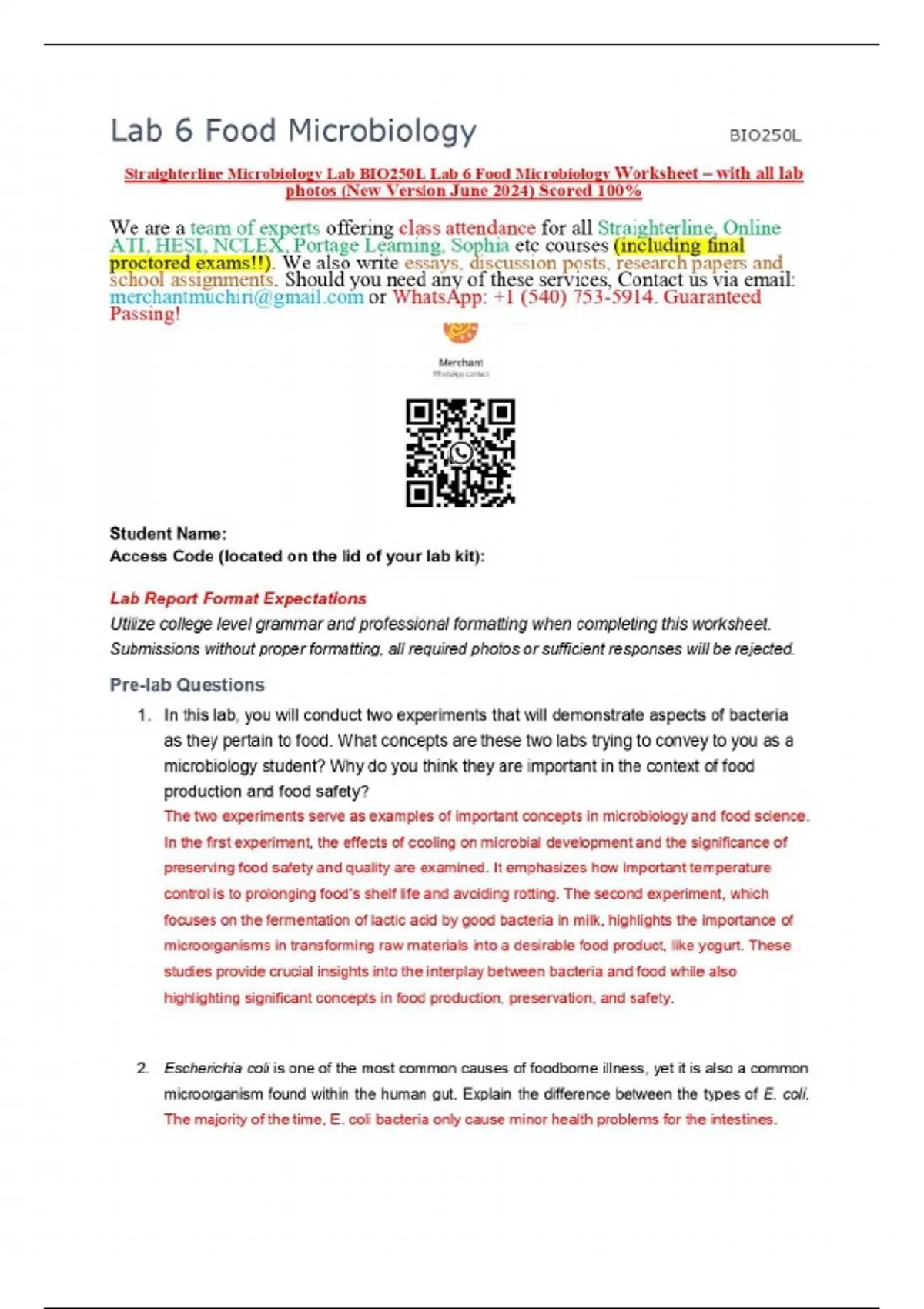 Straighterline Microbiology Lab BIO250L Lab 6 Food Microbiology ...