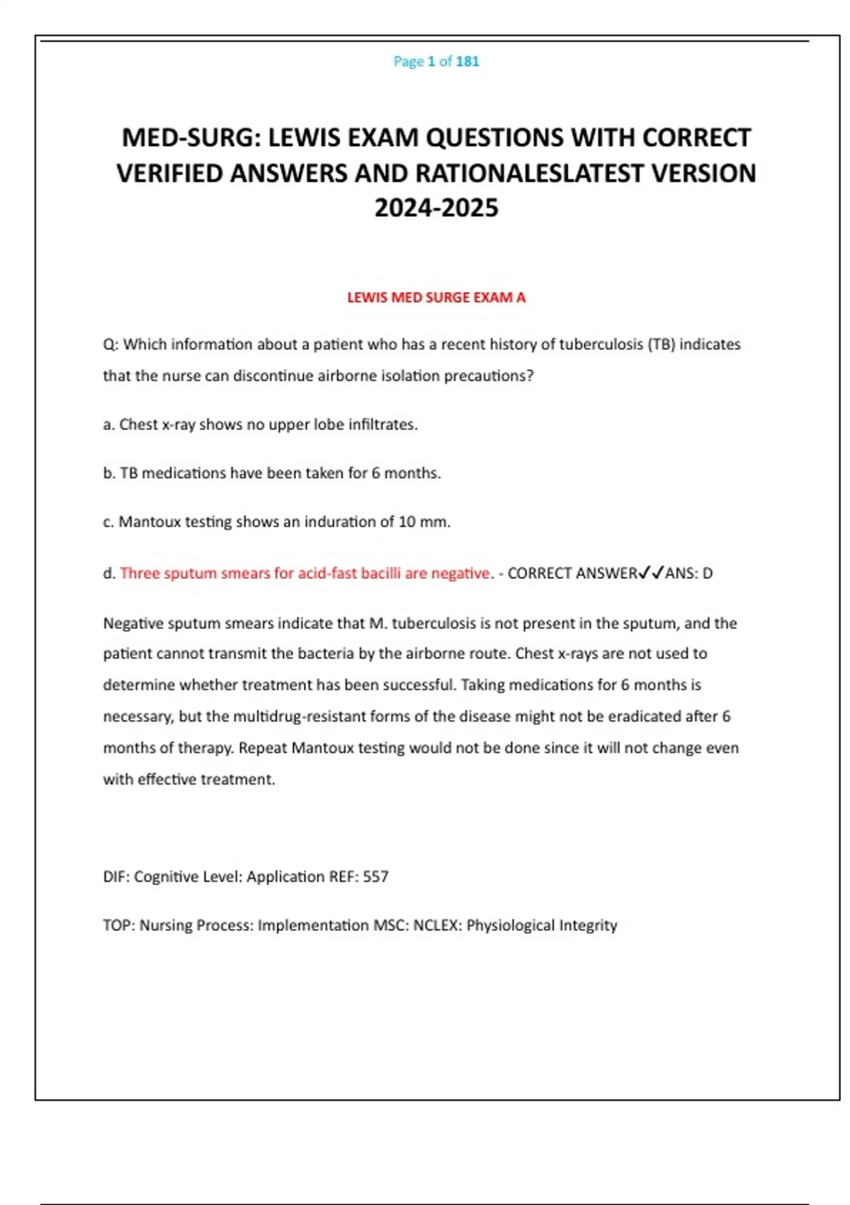 MED-SURG: LEWIS EXAM QUESTIONS WITH CORRECT VERIFIED ANSWERS AND ...