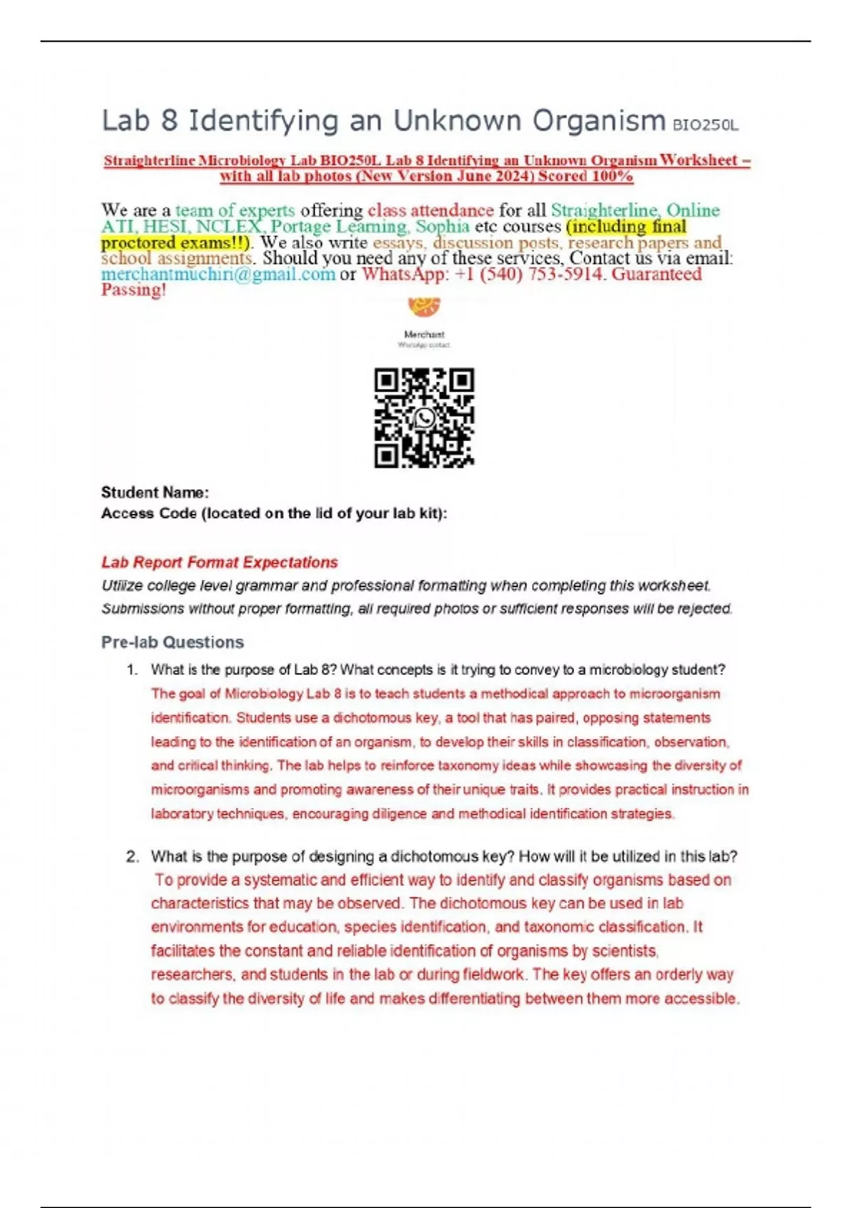 Straighterline Microbiology Lab BIO250L Lab 8 Identifying an Unknown ...