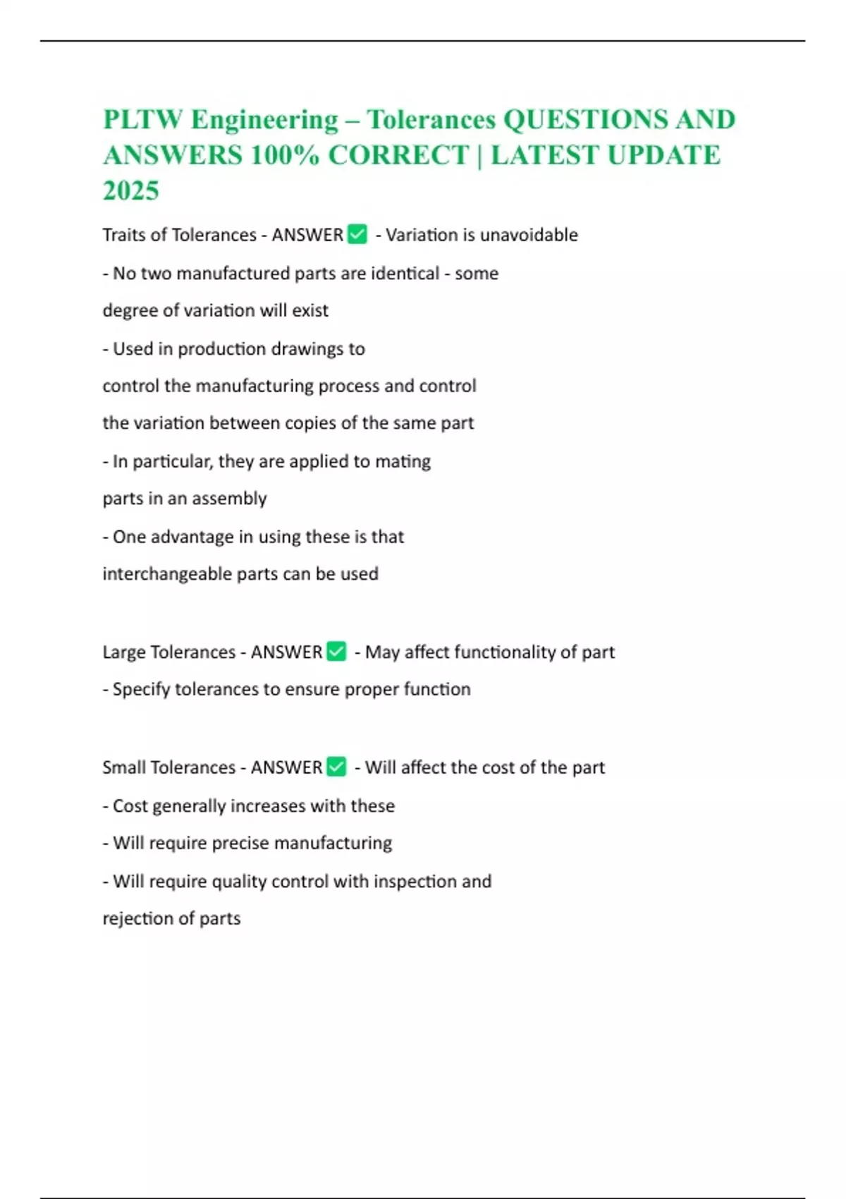 PLTW Engineering – Tolerances QUESTIONS AND ANSWERS 100% CORRECT ...