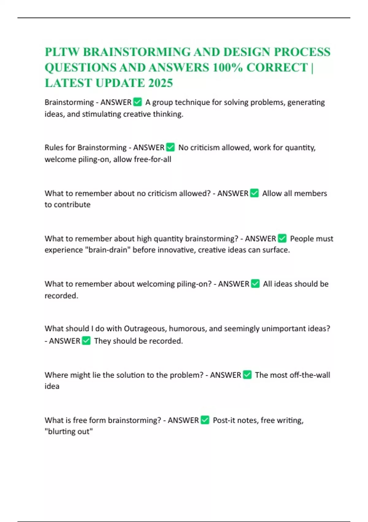 PLTW BRAINSTORMING AND DESIGN PROCESS QUESTIONS AND ANSWERS 100% ...