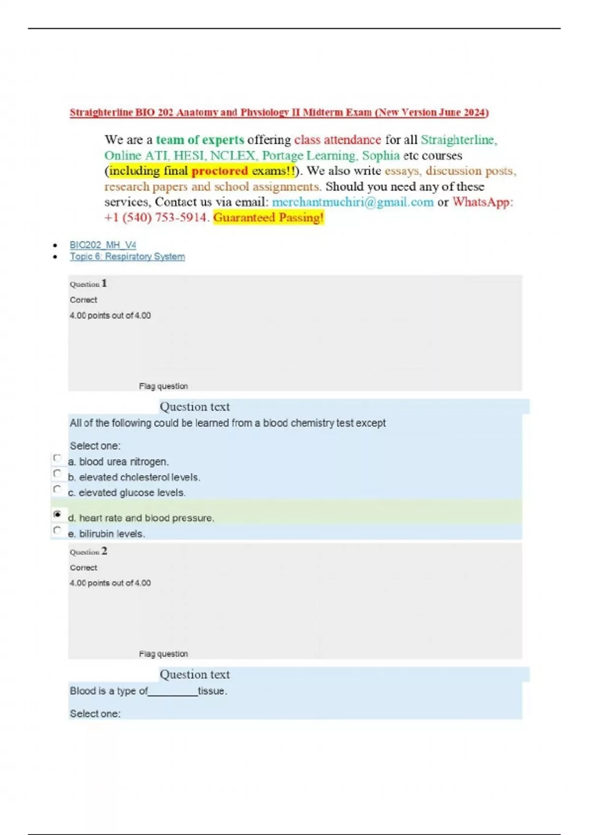Straighterline BIO 202 Anatomy and Physiology II Midterm Exam (New ...