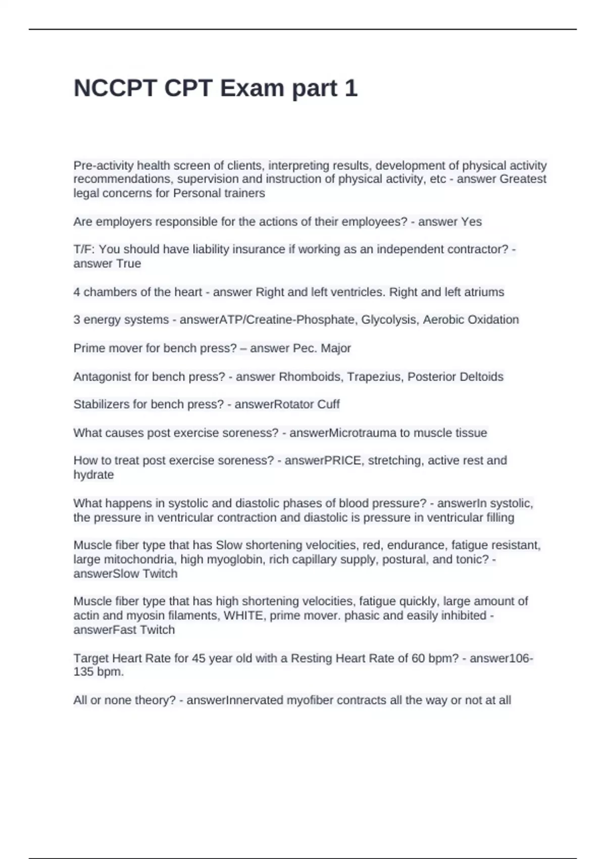 NCCPT CPT Exam part 1 Questions and Answers 100% Correct - NCCPT ...