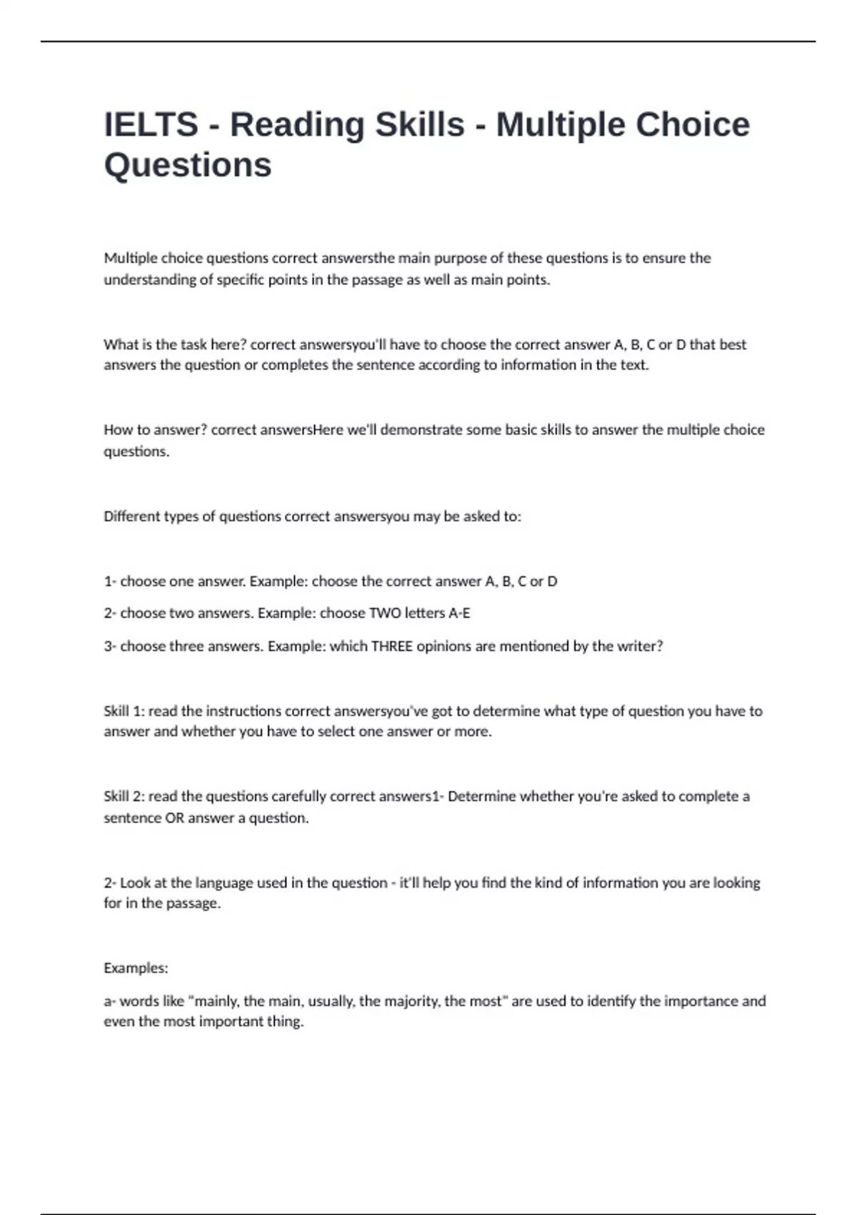 IELTS - Reading Skills - Multiple Choice Questions 2024/2025 with 100% ...