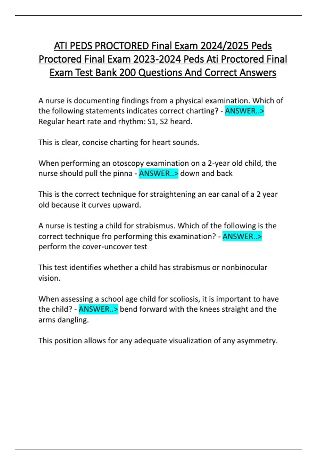 ATI PEDS PROCTORED Final Exam 2024/2025 Peds Proctored Final Exam Peds ...