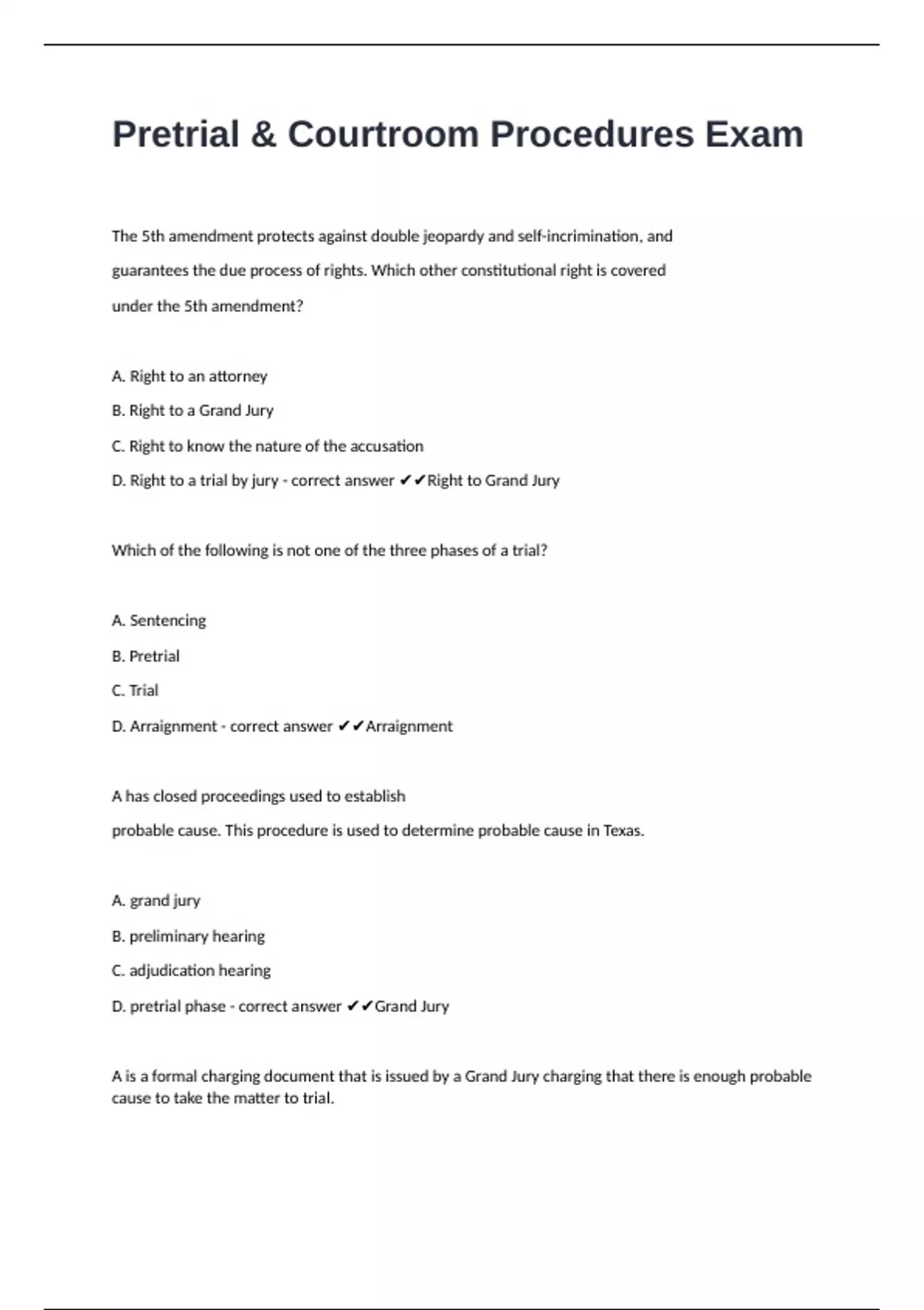 Pretrial & Courtroom Procedures Exam questions well answered - Pretrial ...