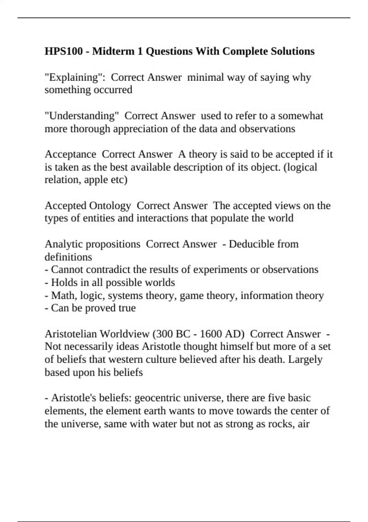 HPS100 - Midterm 1 Questions With Complete Solutions - HPS 100 - Stuvia US