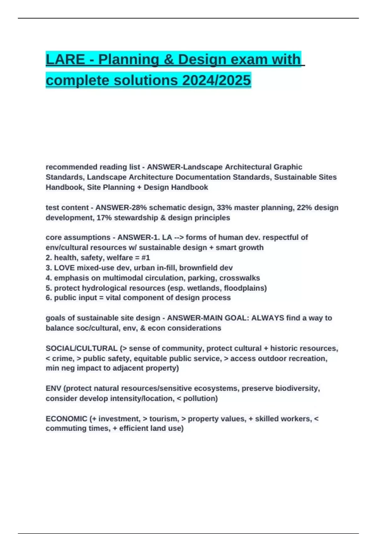 LARE - Planning & Design exam with complete solutions 2024_2025. - LARE ...