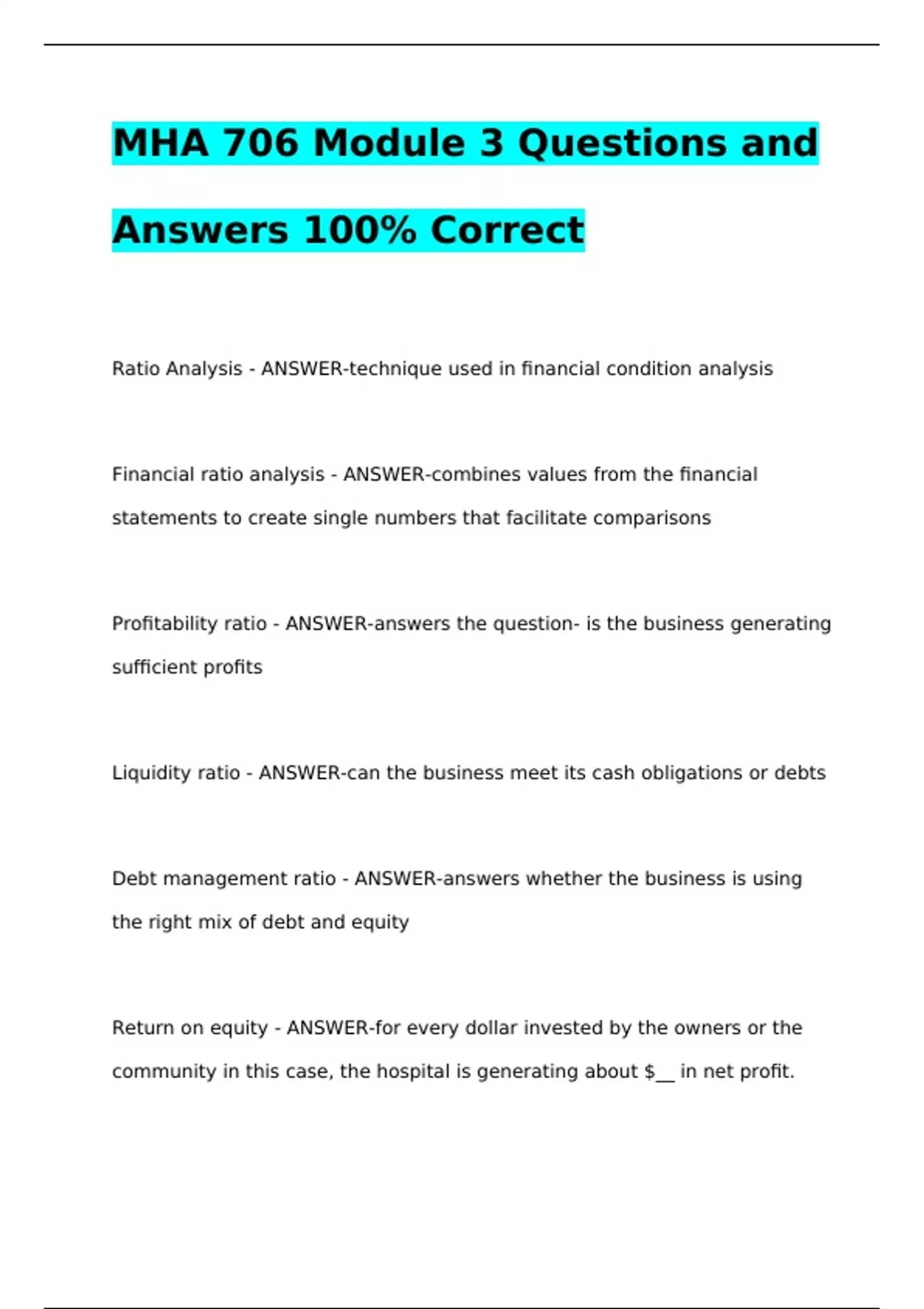 MHA 706 Module 3 Questions and Answers 100% Correct - Mha 706 - Stuvia US
