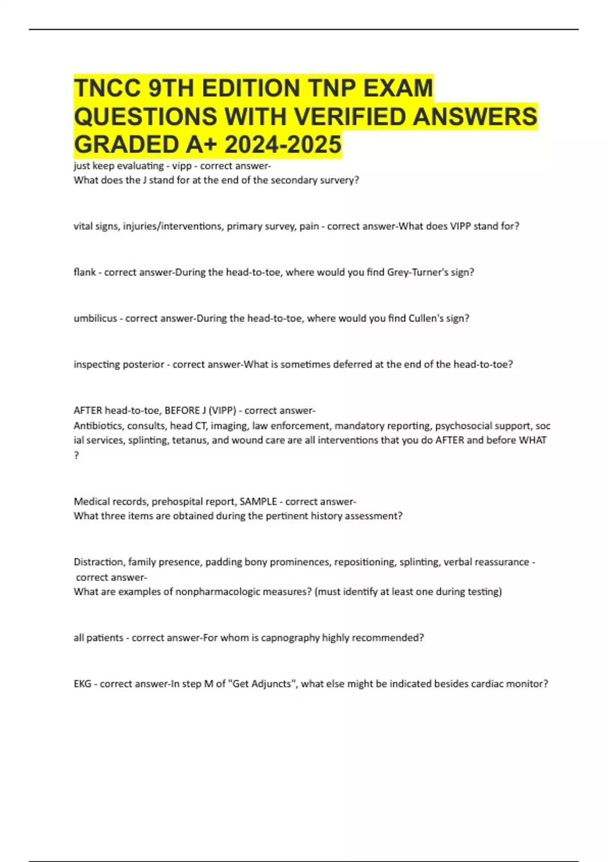 TNCC 9TH EDITION TNP EXAM QUESTIONS WITH VERIFIED ANSWERS GRADED A+ ...