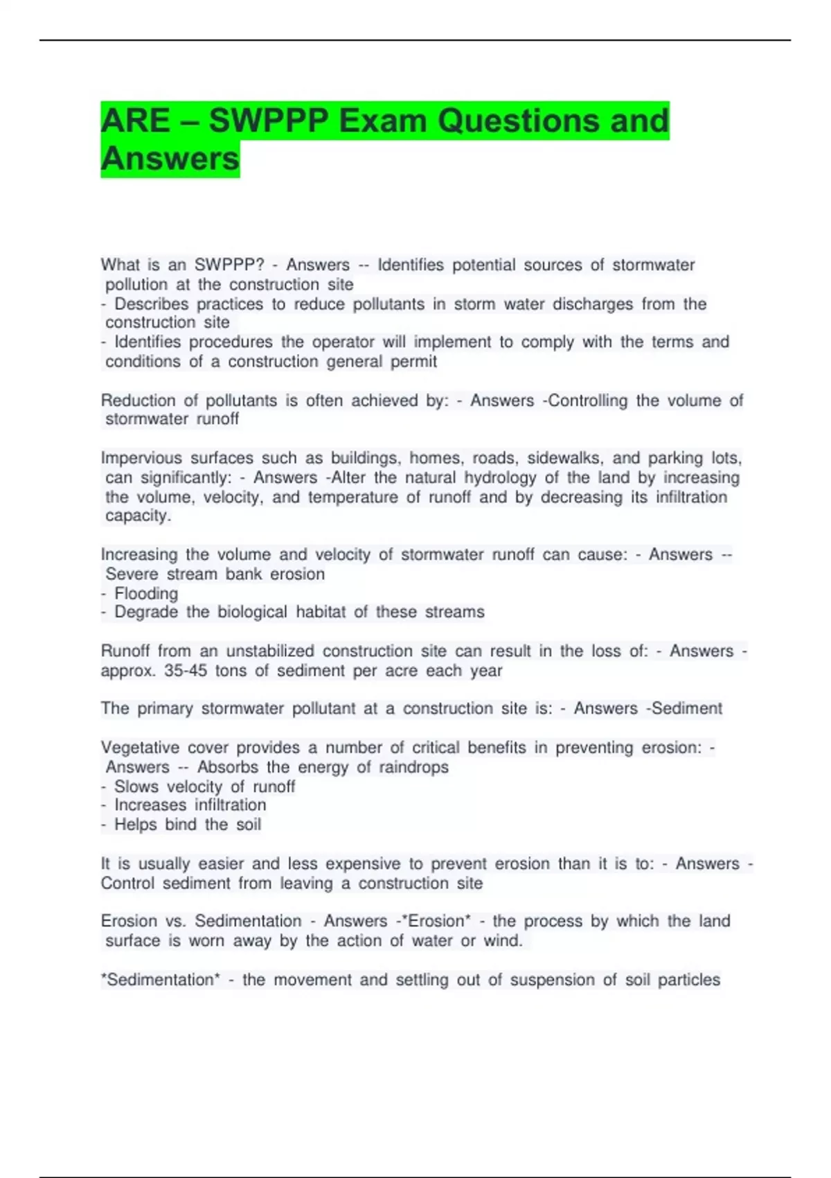 ARE – SWPPP Exam Questions and Answers - Storm Water Management - Stuvia US