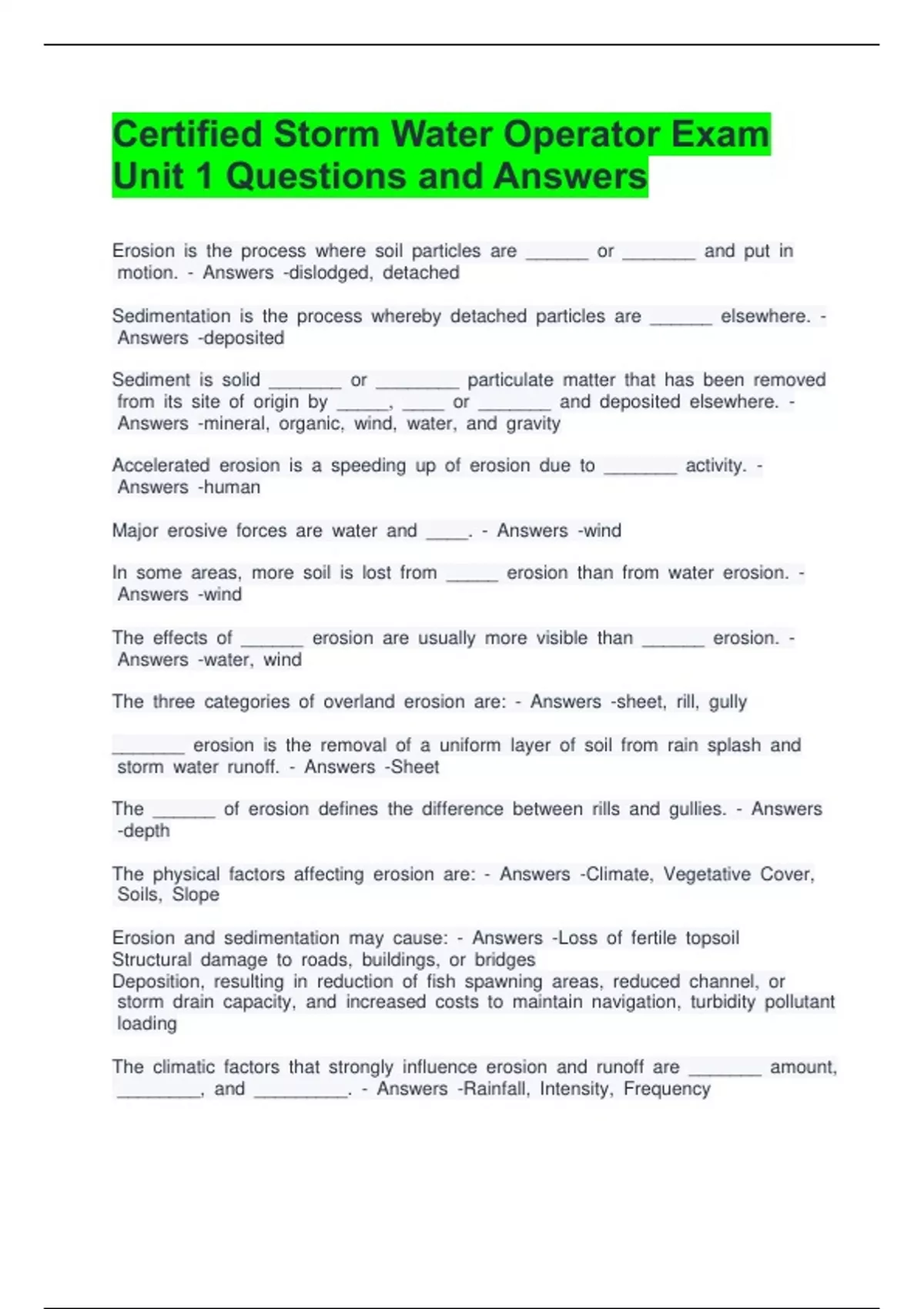 Certified Storm Water Operator Exam Unit 1 Questions and Answers ...