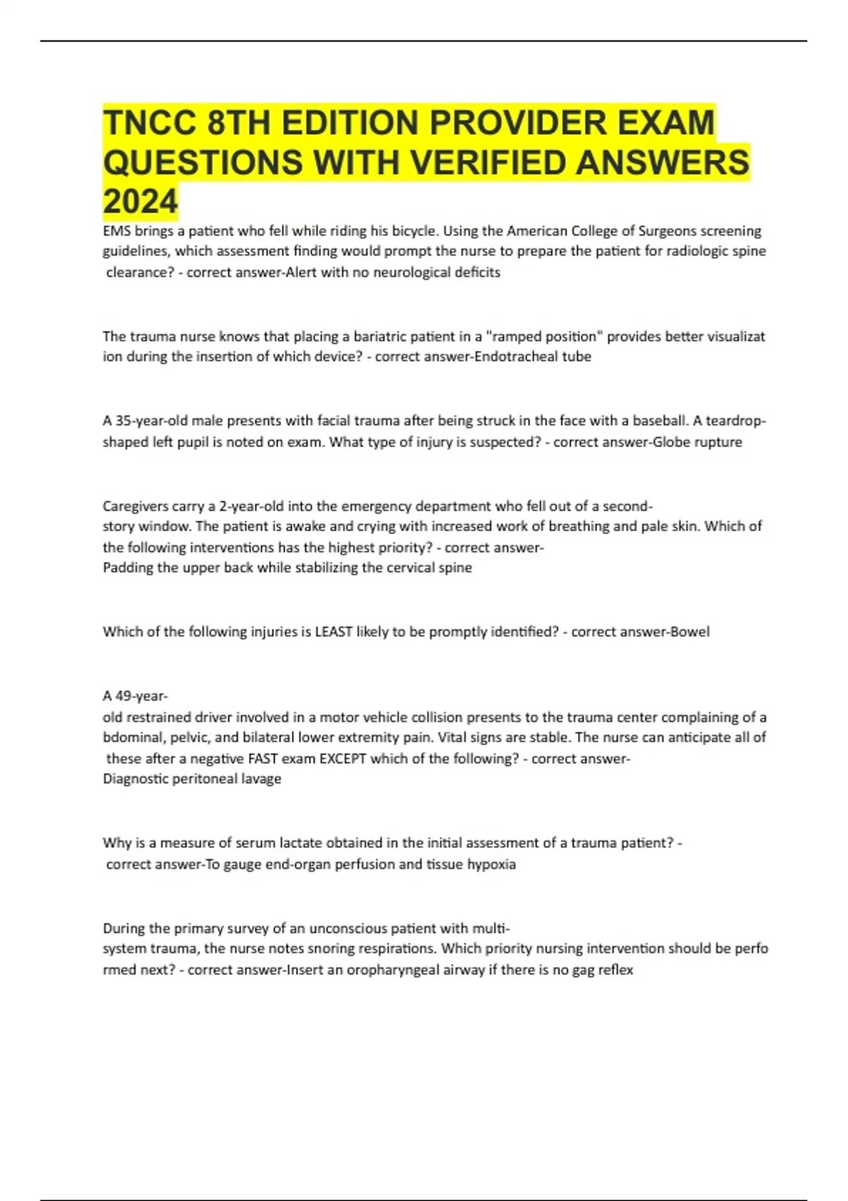 TNCC 8TH EDITION PROVIDER EXAM QUESTIONS WITH VERIFIED ANSWERS 2024 ...