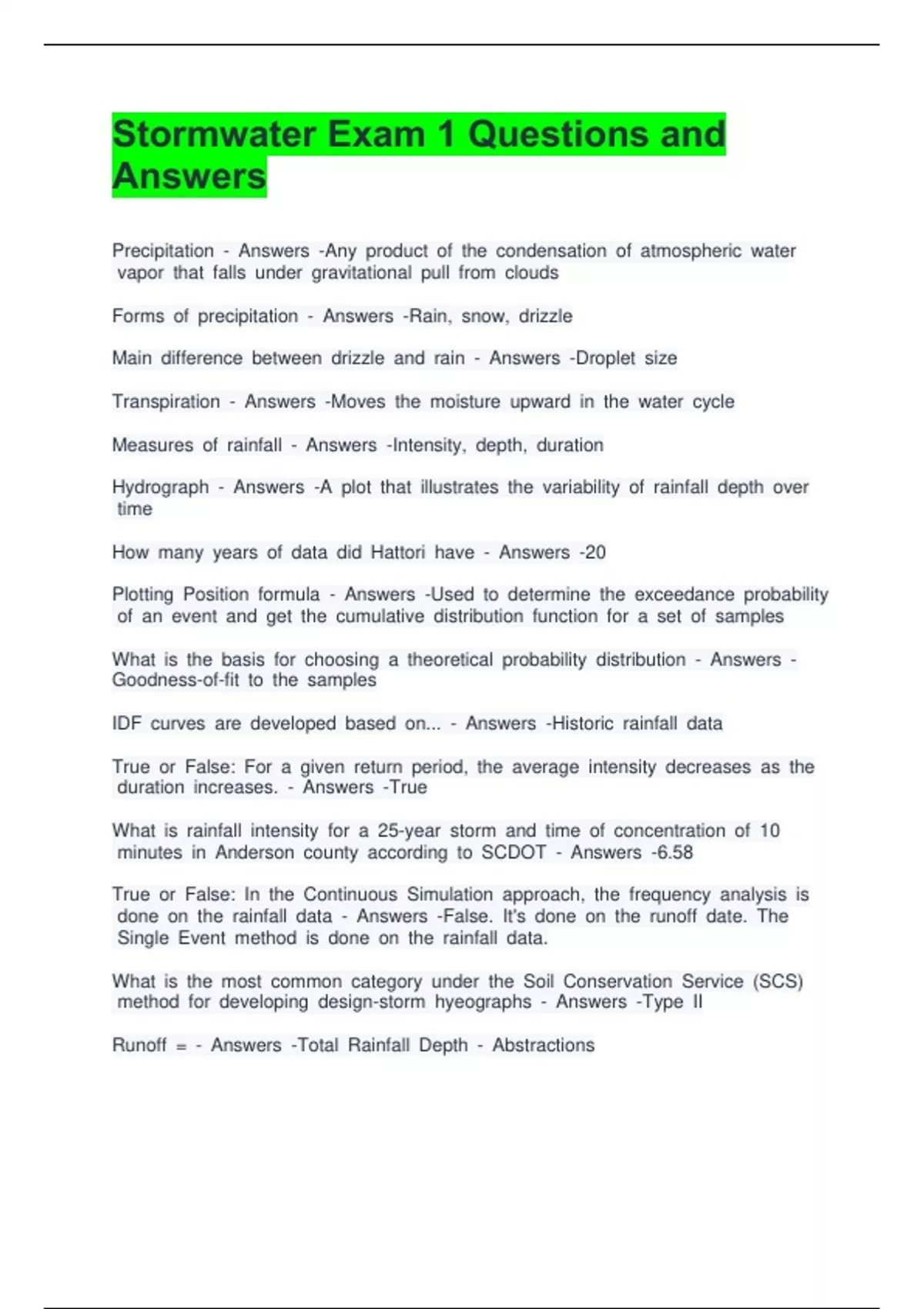 Stormwater Exam 1 Questions and Answers - Storm Water Management - Stuvia US