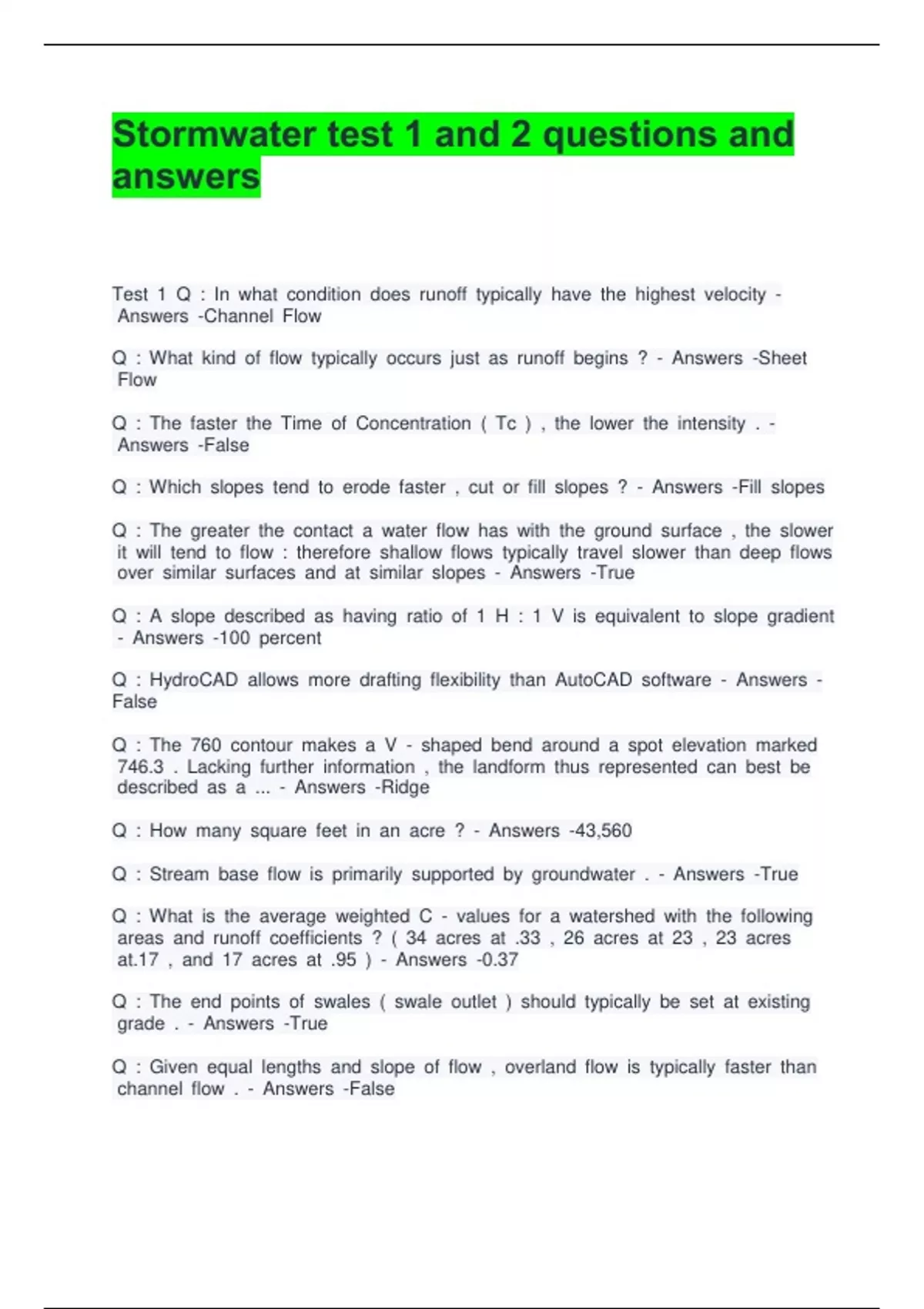 Stormwater test 1 and 2 questions and answers - Stormwater Management ...