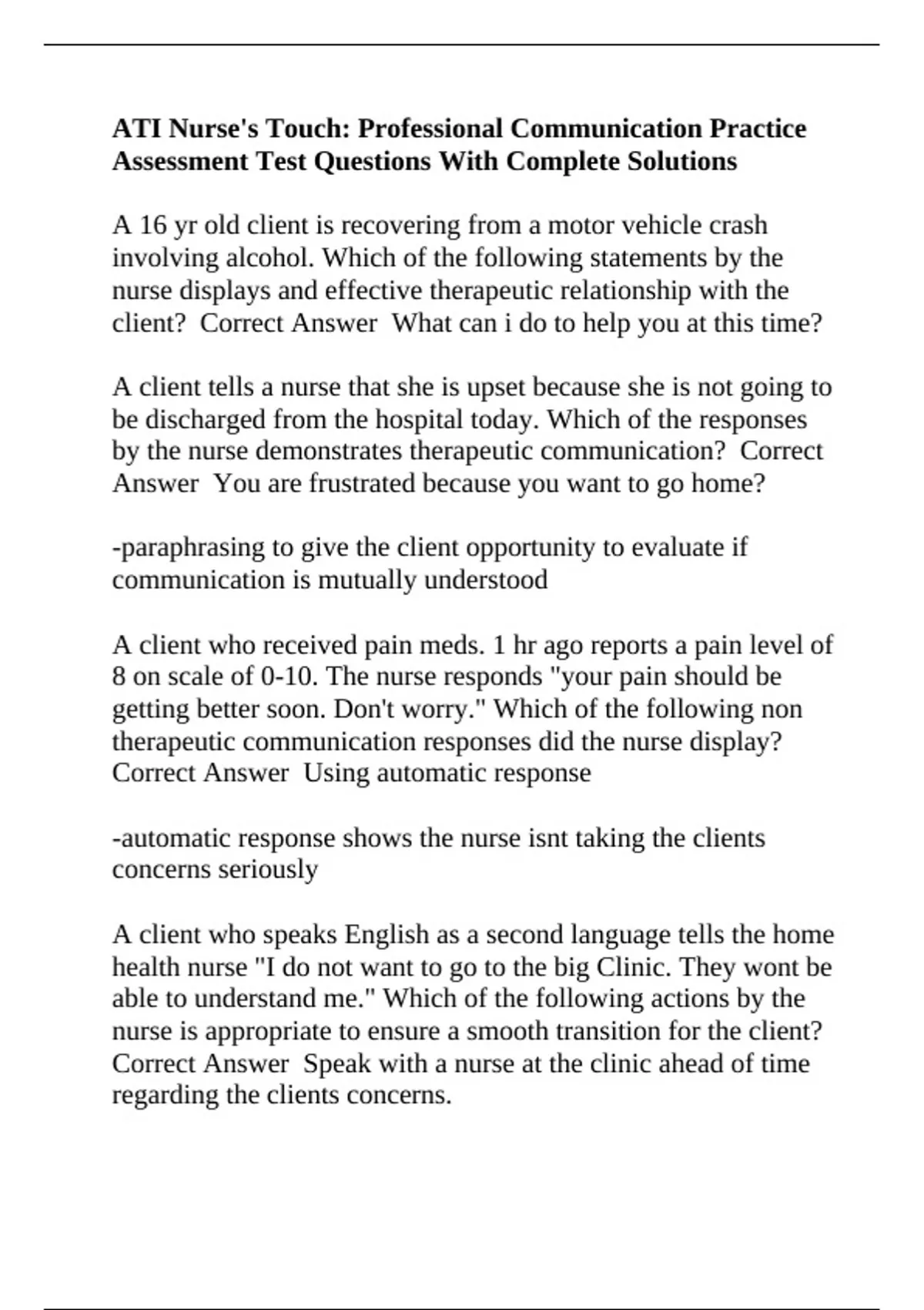 ATI Nurse's Touch: Professional Communication Practice Assessment Test ...