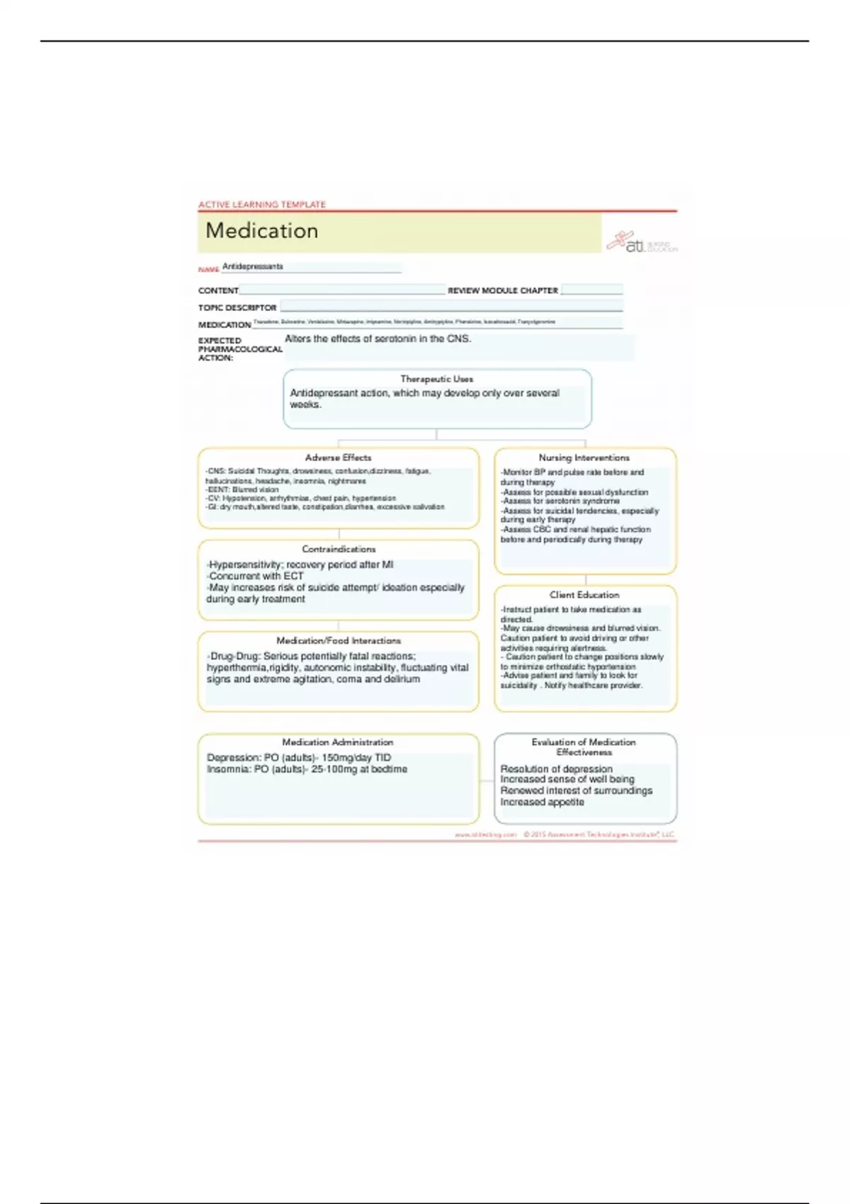 NUR 181 Antidepressants ATI Medication Template - NUR 181 - Stuvia US