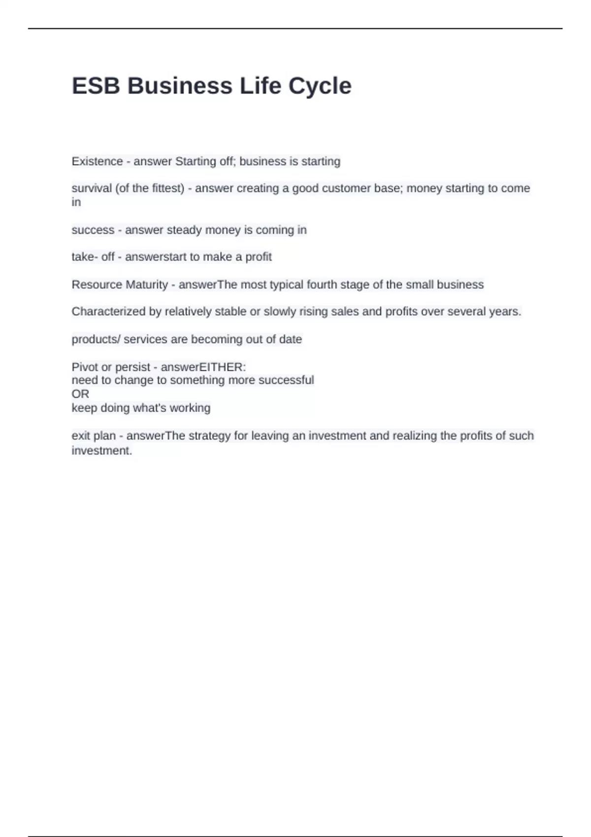 ESB Business Life Cycle Questions with Accurate Answers 2024 - Esb - Stuvia UK