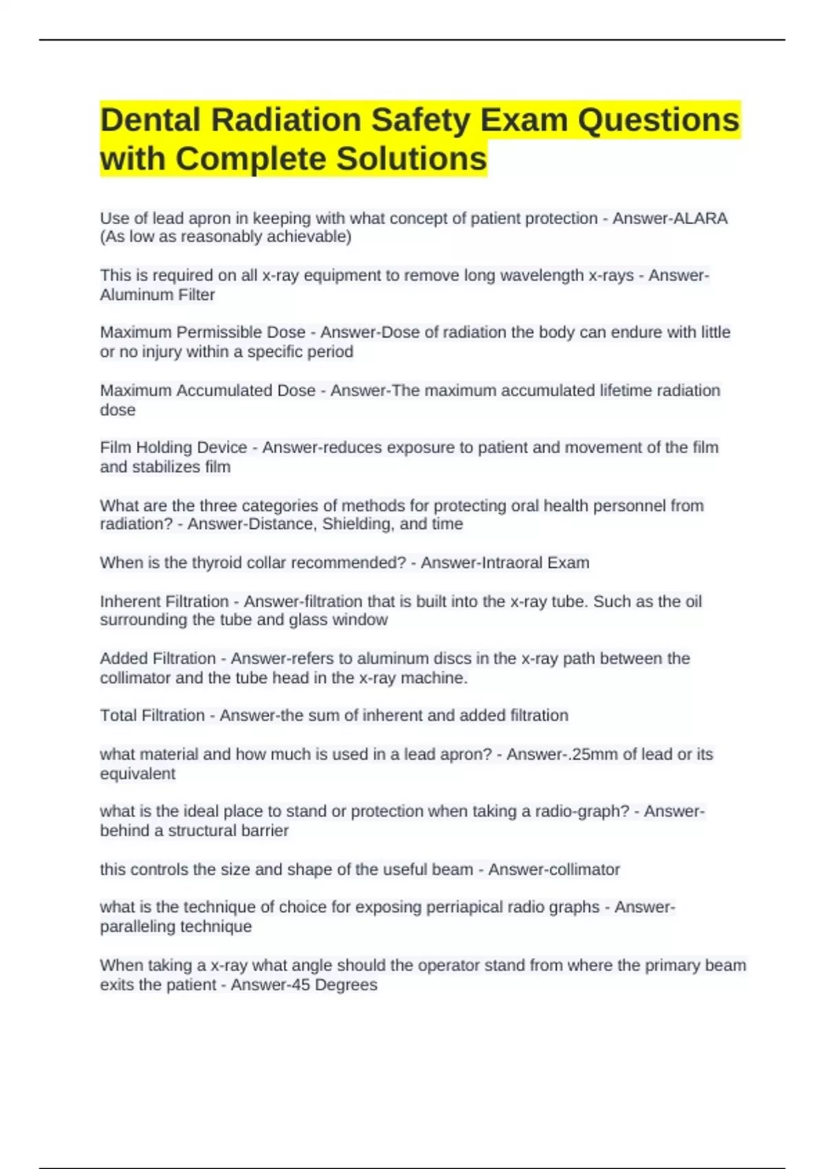 Dental Radiation Safety Exam Questions with Complete Solutions ...