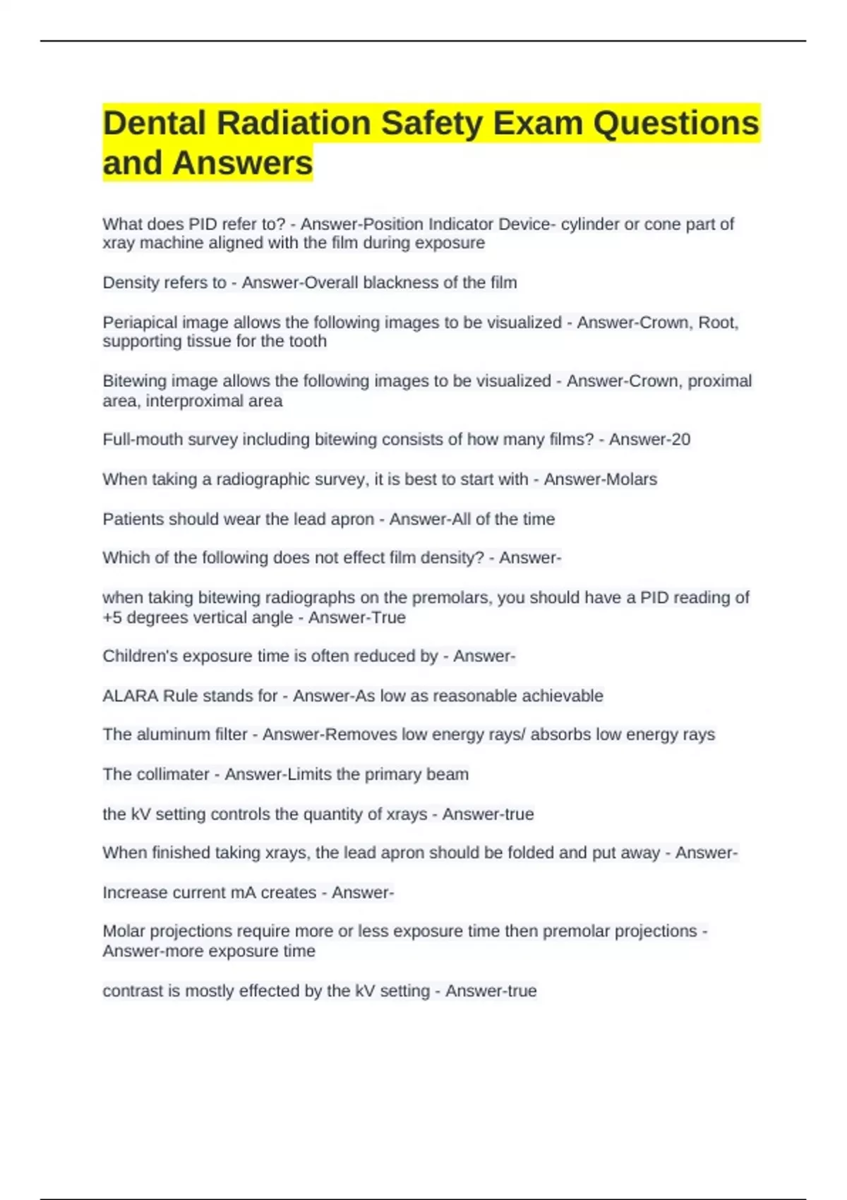 Dental Radiation Safety Exam Questions and Answers - Radiation safety ...