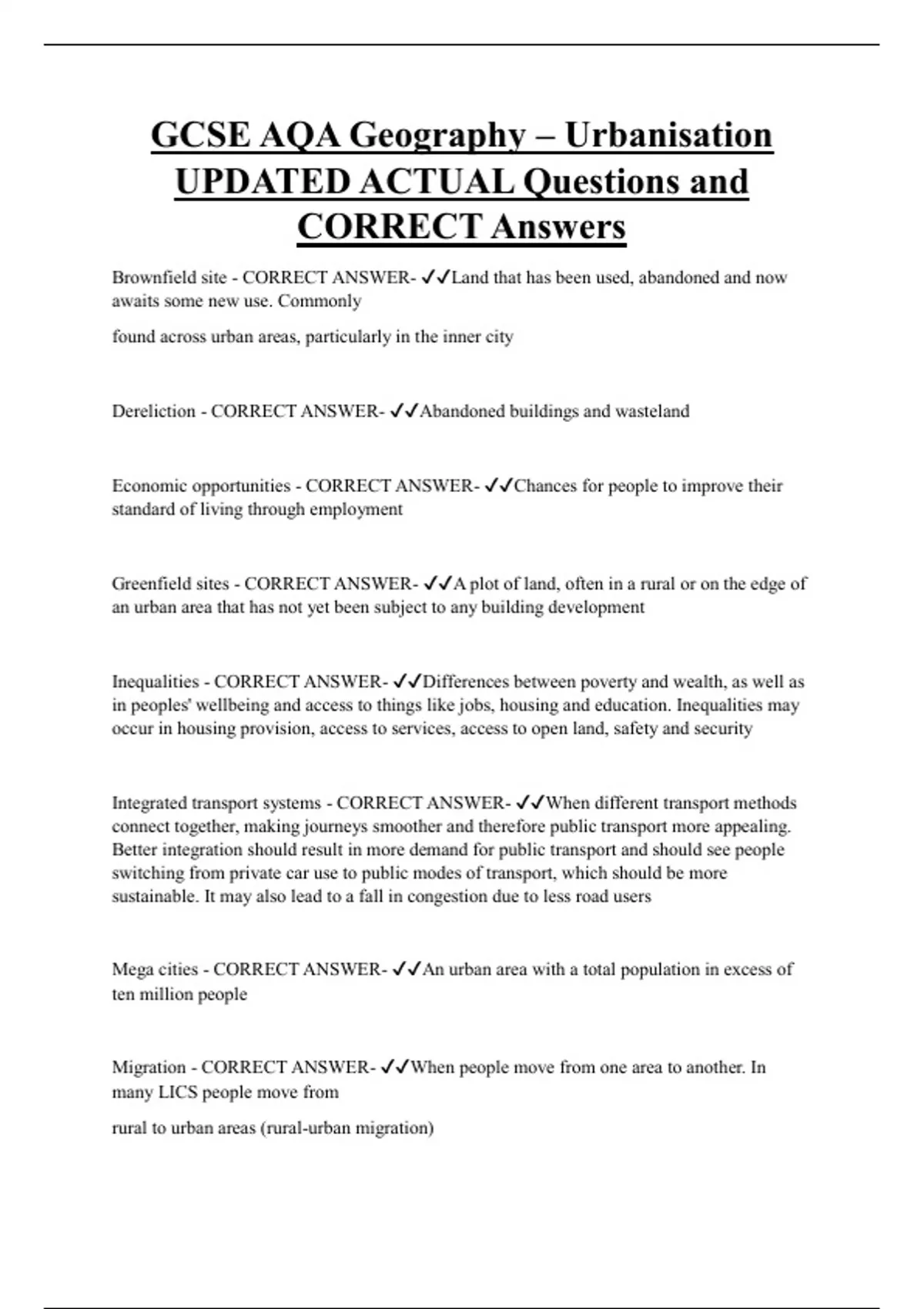 GCSE AQA Geography – Urbanisation UPDATED ACTUAL Questions and CORRECT ...