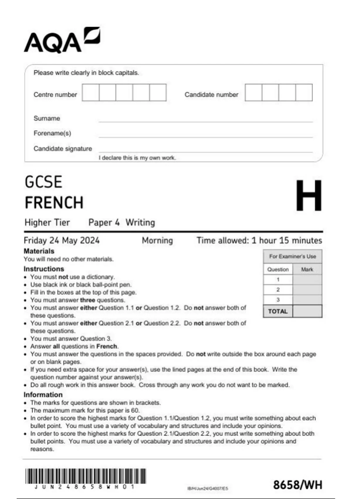 AQA GCSE FRENCH Higher Tier Paper 4 Writing question paper 2024 june ...