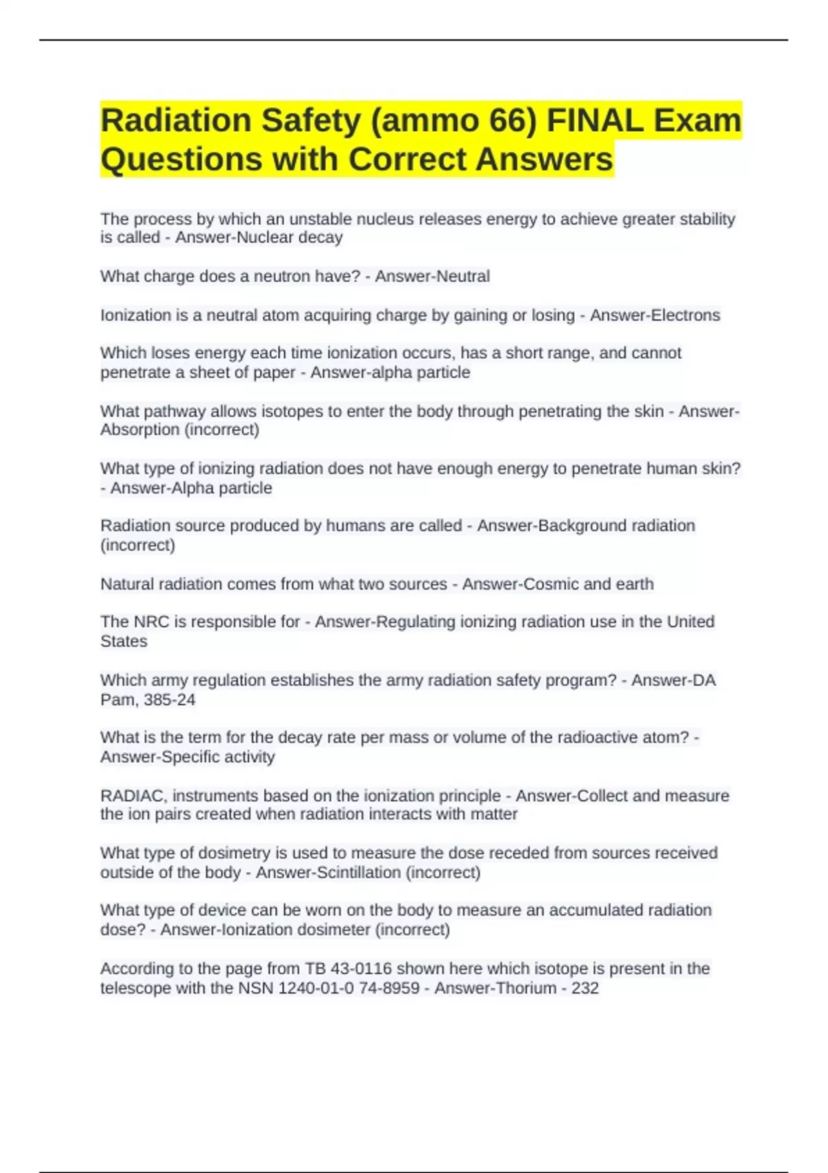 Radiation Safety (ammo 66) FINAL Exam Questions with Correct Answers ...