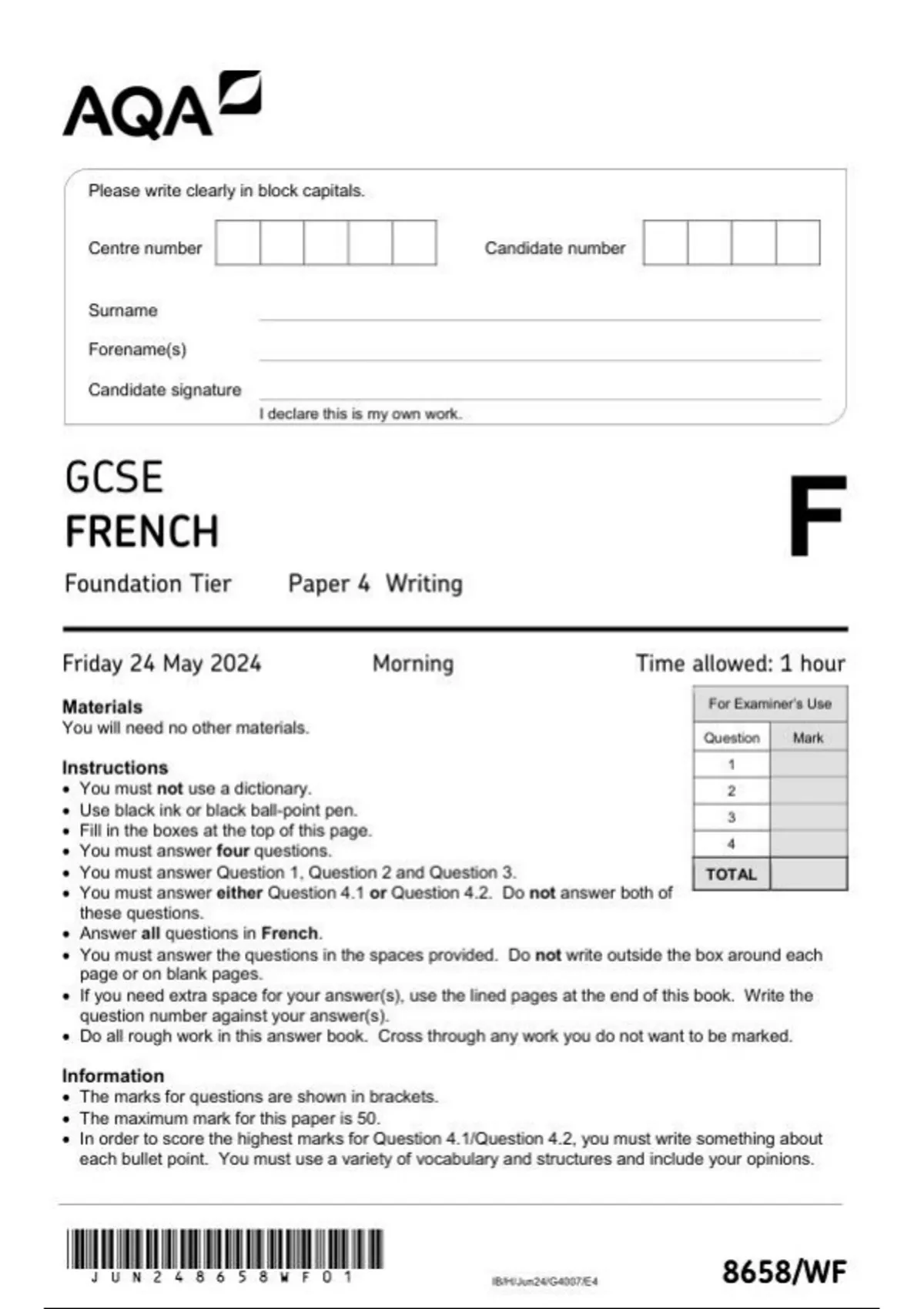 AQA GCSE FRENCH Foundation Tier Paper 4 Writing question paper 2024 ...