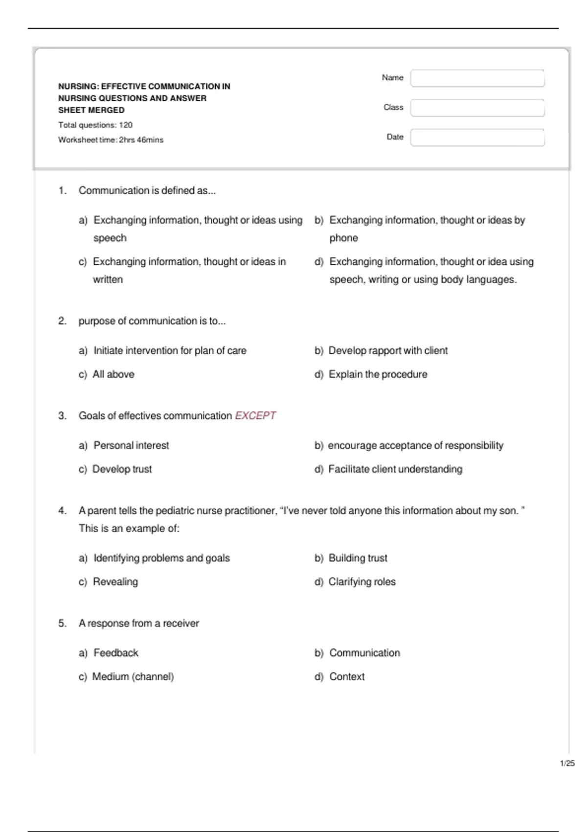 NURSING: EFFECTIVE COMMUNICATION IN NURSING QUESTIONS AND ANSWER SHEET ...