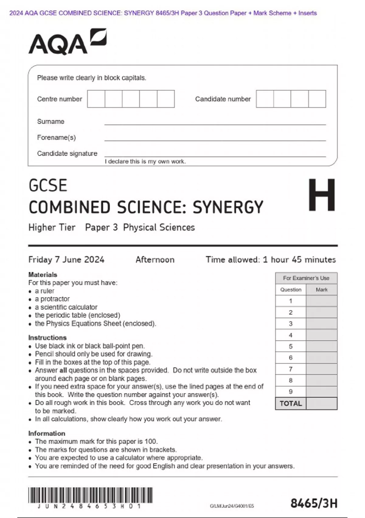 2024 AQA GCSE COMBINED SCIENCE: SYNERGY 8465/3H Paper 3 Question Paper ...