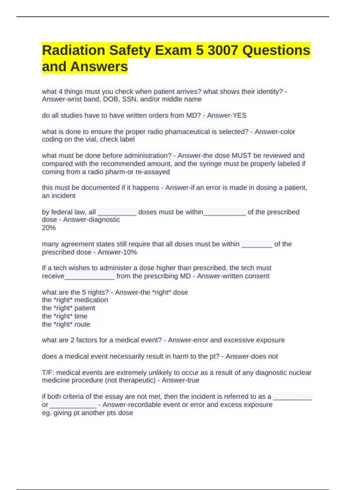 Radiation Safety Exam 5 3007 Questions and Answers - Radiation safety ...