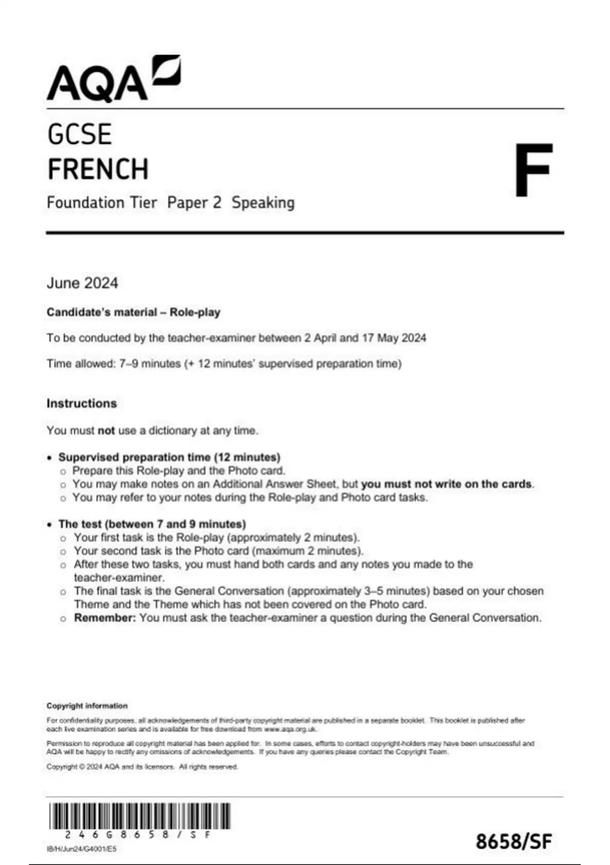 AQA GCSE FRENCH Foundation Tier Paper 2 Speaking question paper 2024 ...