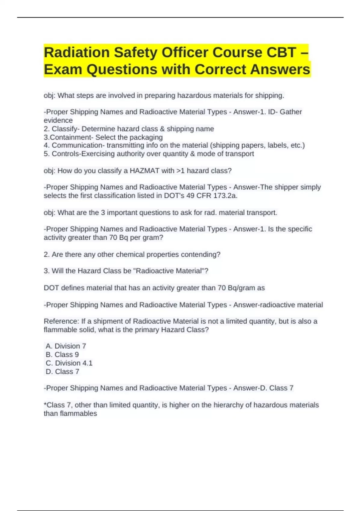 Radiation Safety Officer Course CBT – Exam Questions with Correct ...