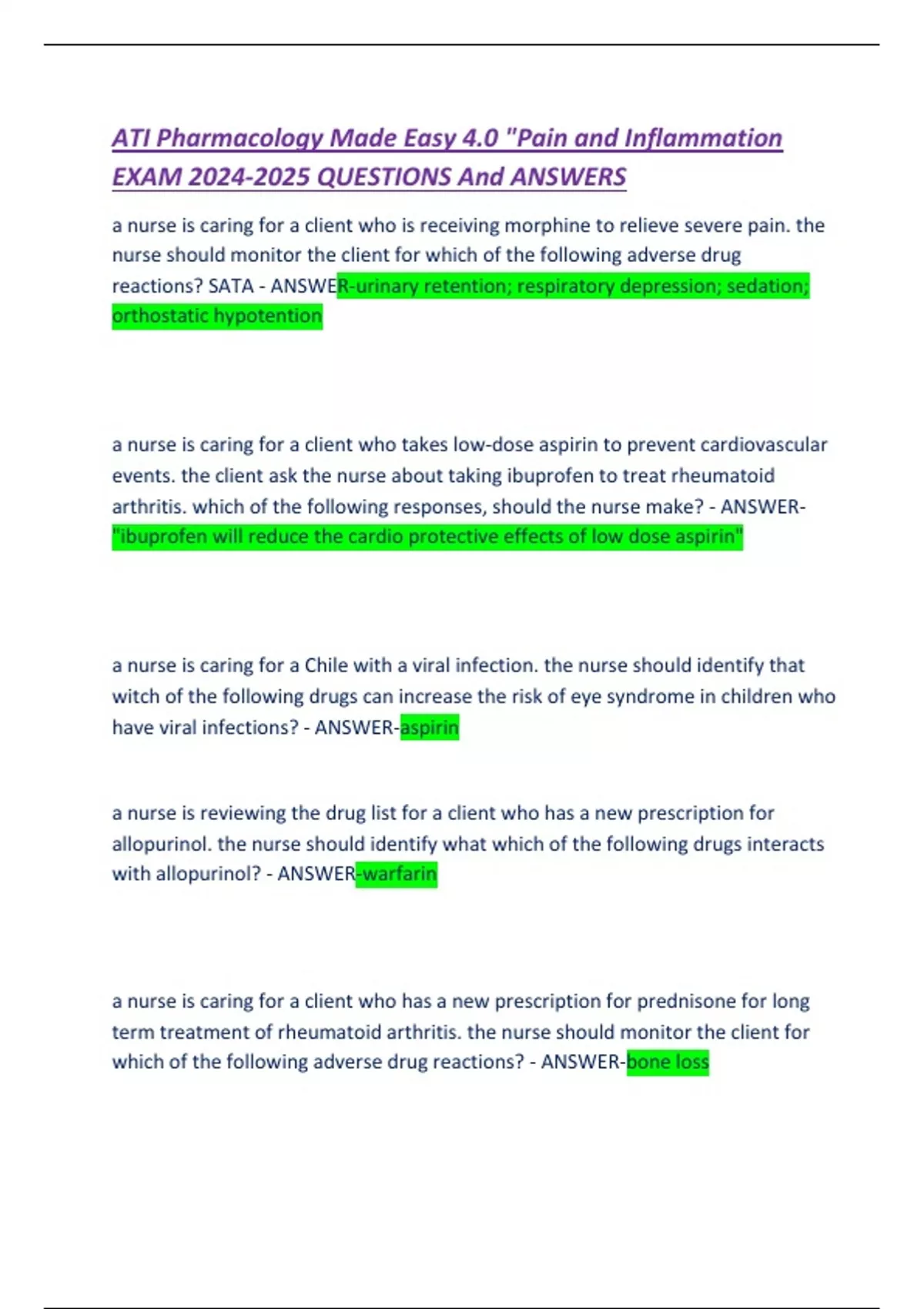 ATI Pharmacology Made Easy 4.0 "Pain and Inflammation EXAM QUESTIONS ...