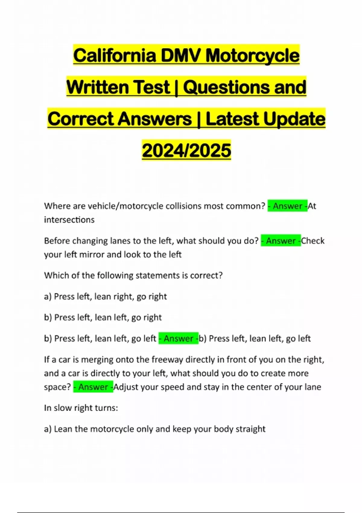 California DMV Motorcycle Written Test | Questions and Correct Answers ...