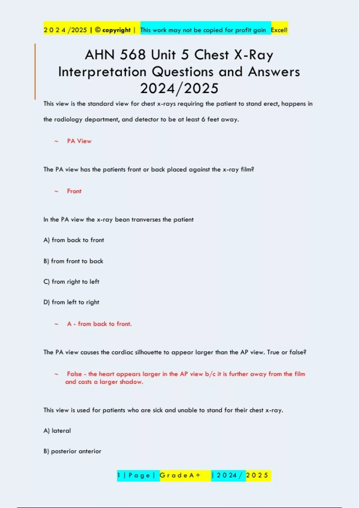 AHN 568 Unit 5 Chest X-Ray Interpretation Questions and Answers 2024/2025 - AHN 568 - Stuvia US