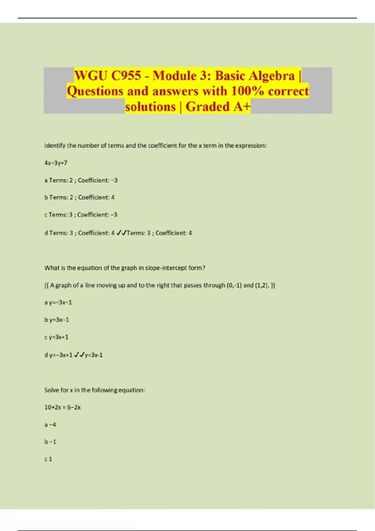 WGU C955 - Module 3: Basic Algebra | Questions and answers with 100% correct solutions | Graded ...