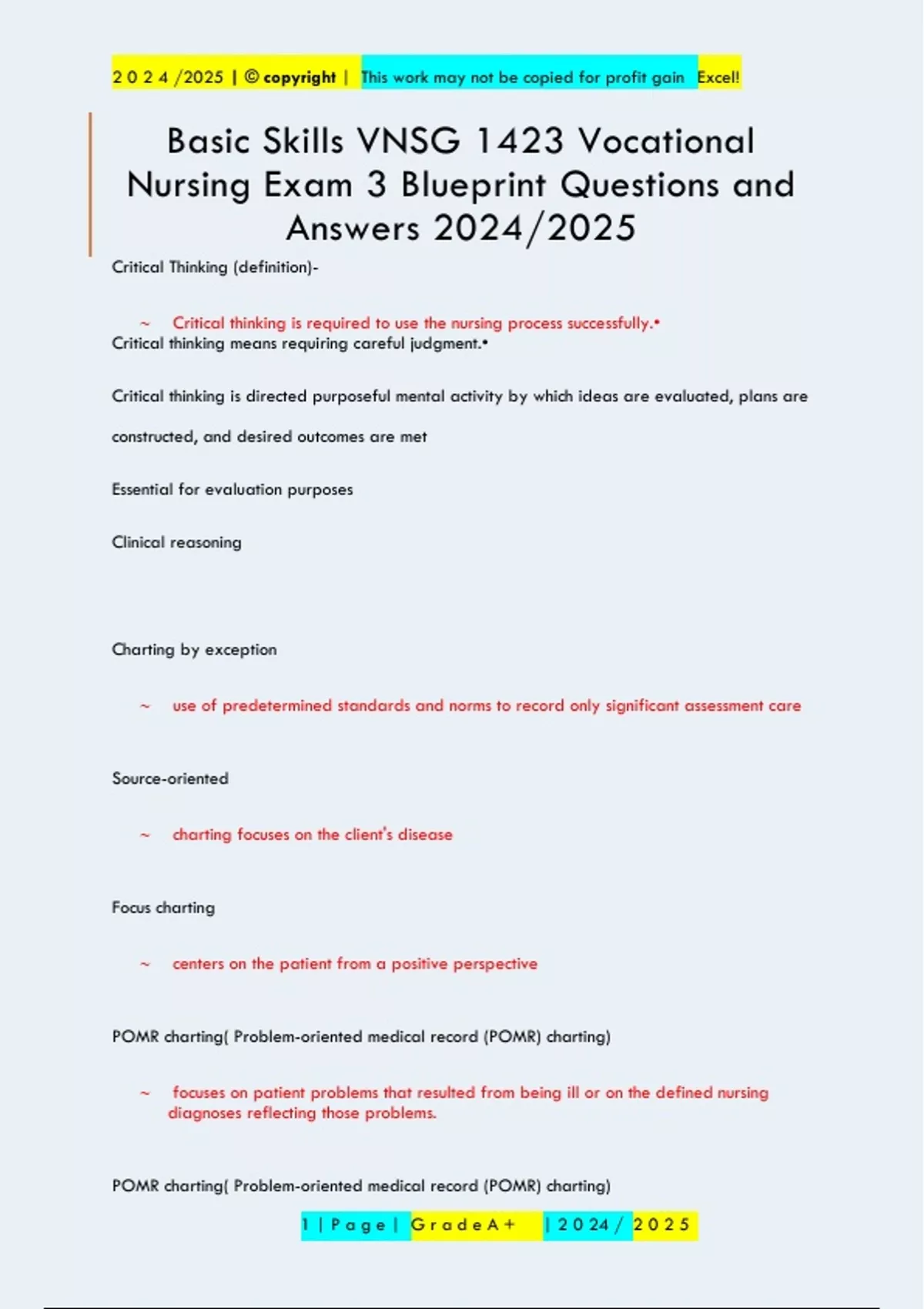 Basic Skills VNSG 1423 Vocational Nursing Exam 3 Blueprint Questions ...