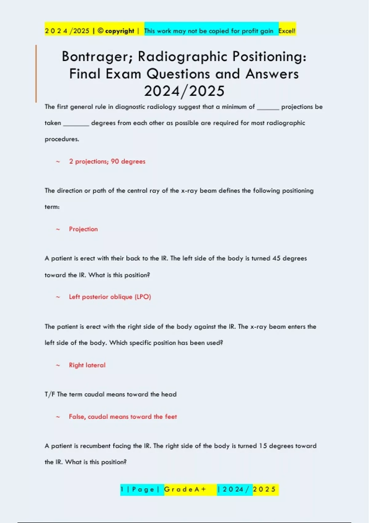 Bontrager; Radiographic Positioning: Final Exam Questions and Answers ...