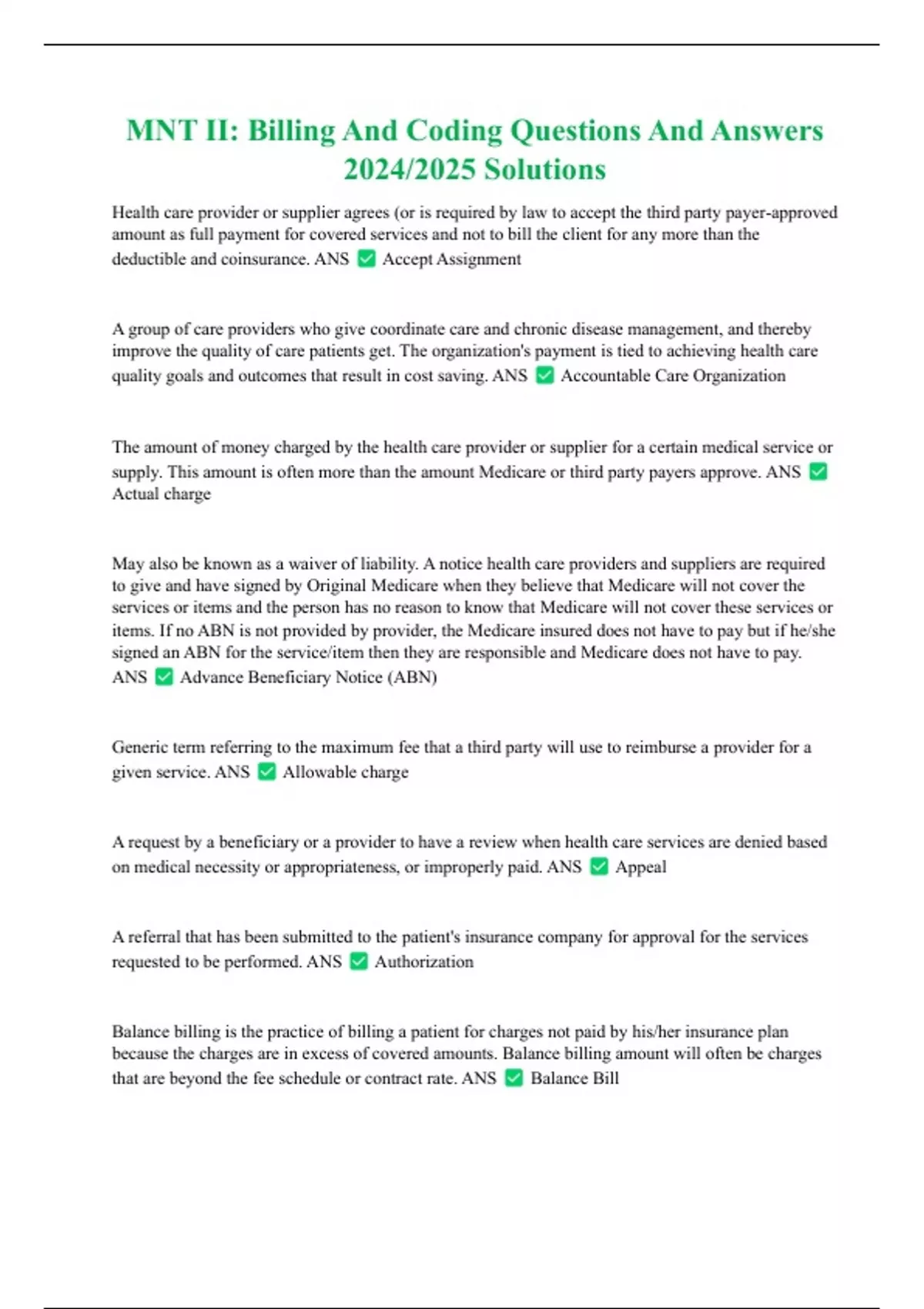 MNT II: Billing And Coding Questions And Answers 2024/2025 Solutions ...
