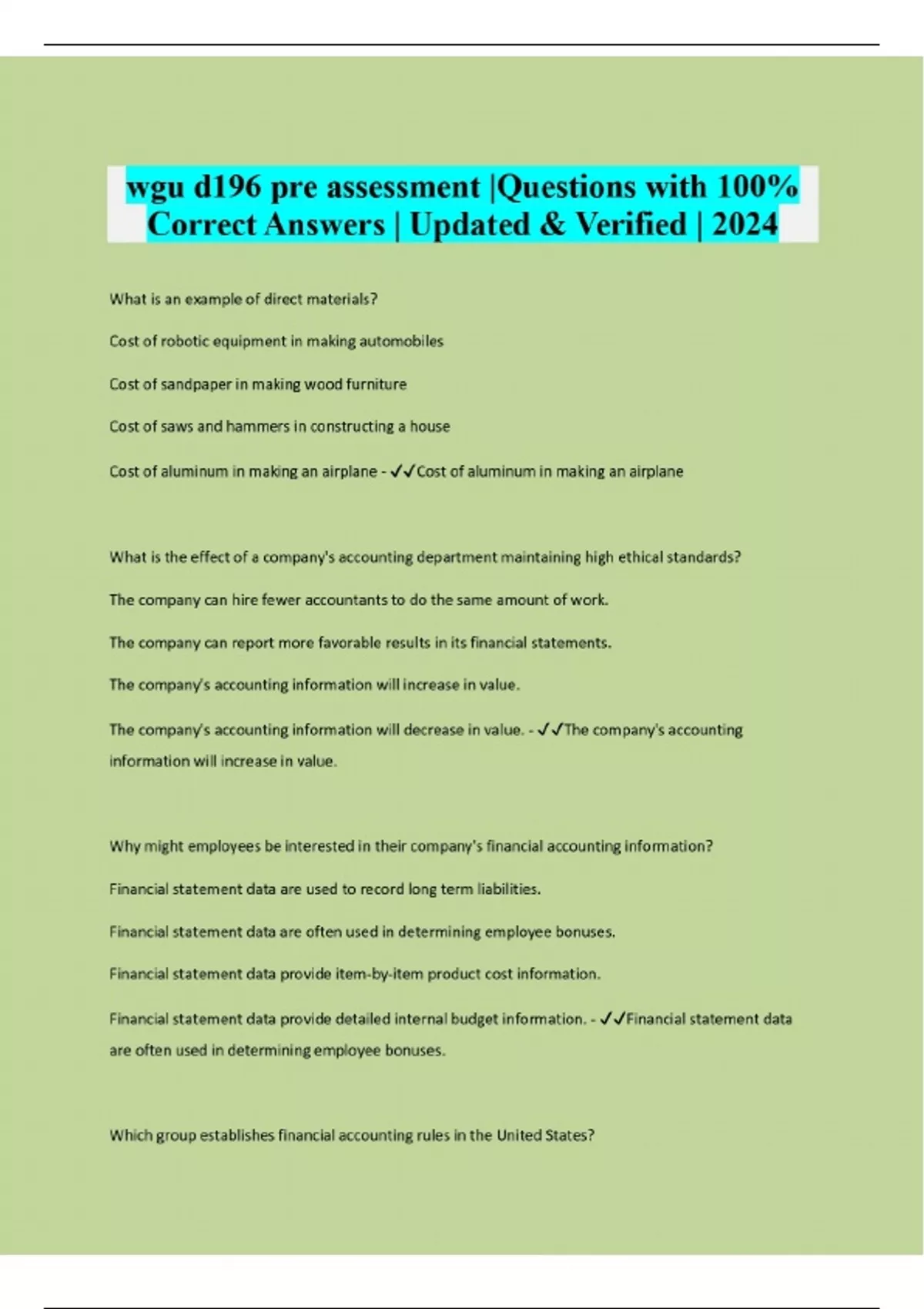 wgu d196 pre assessment |Questions with 100% Correct Answers | Updated ...