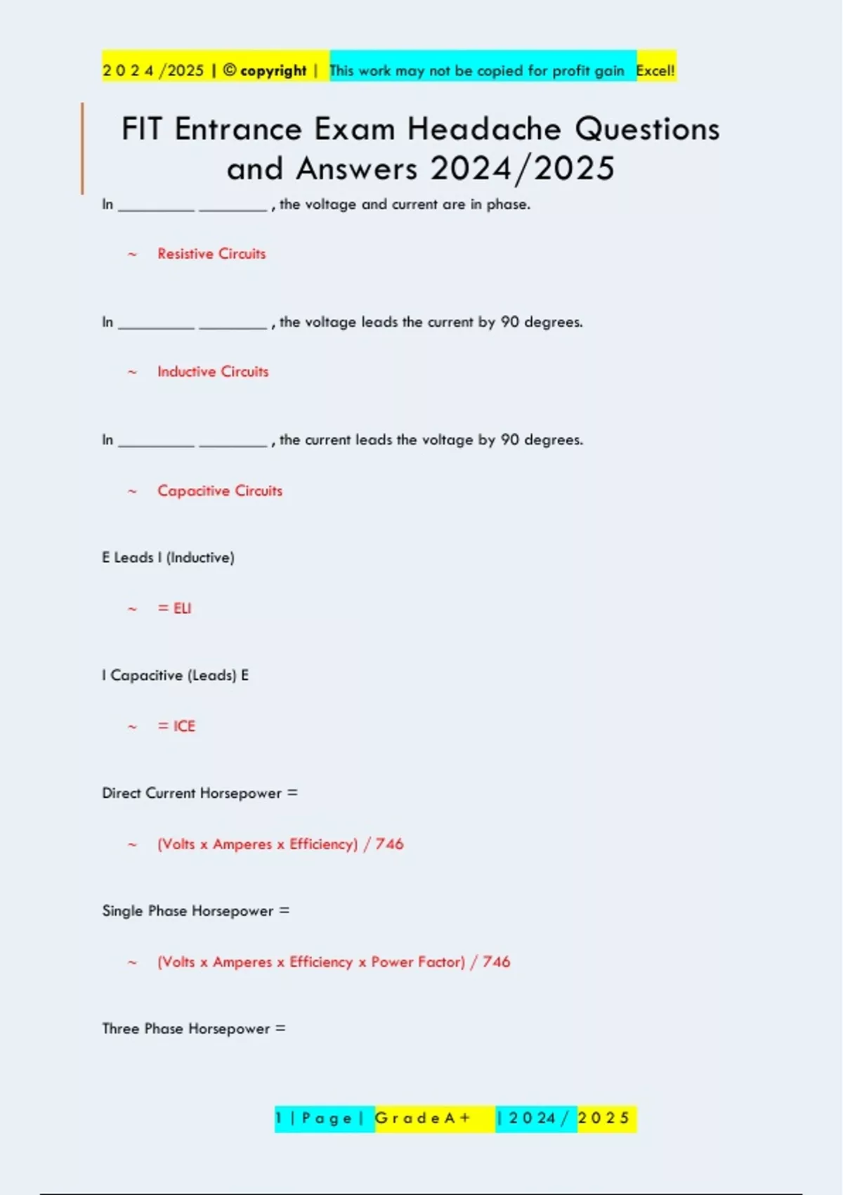 FIT Entrance Exam Headache Questions and Answers 2024/2025 - FIT ...
