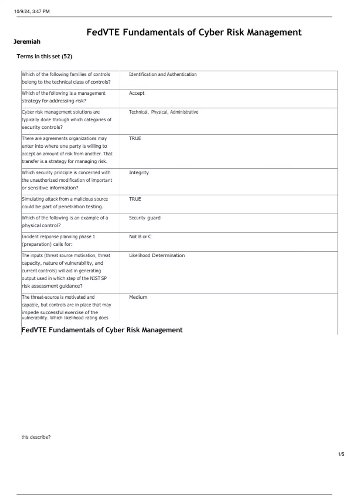 FedVTE Fundamentals of Cyber Risk Management Test Questions With 100 ...