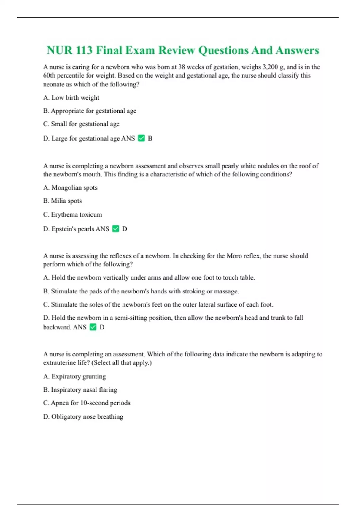 Nur 113 Final Exam Review Questions And Answers 2024 2025 Updated Solutions Nur 113 Stuvia Us